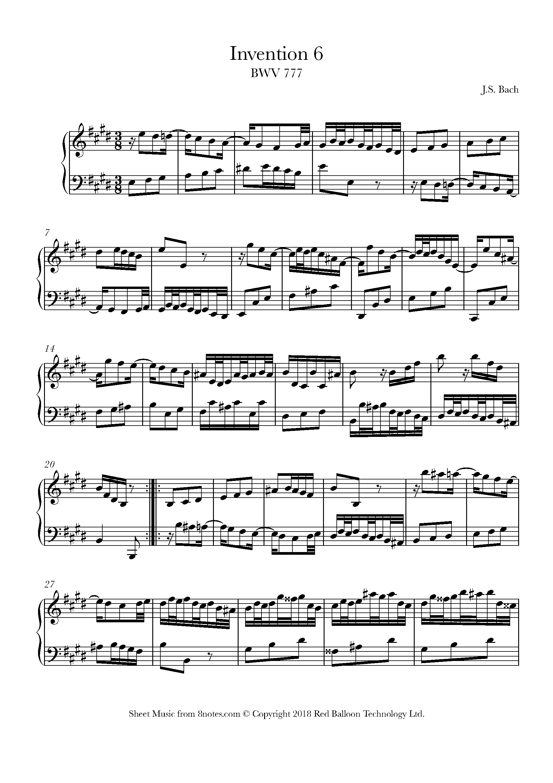 Bach - Invention No. 6 in E Major BWV 777 Sheet music for Piano ...