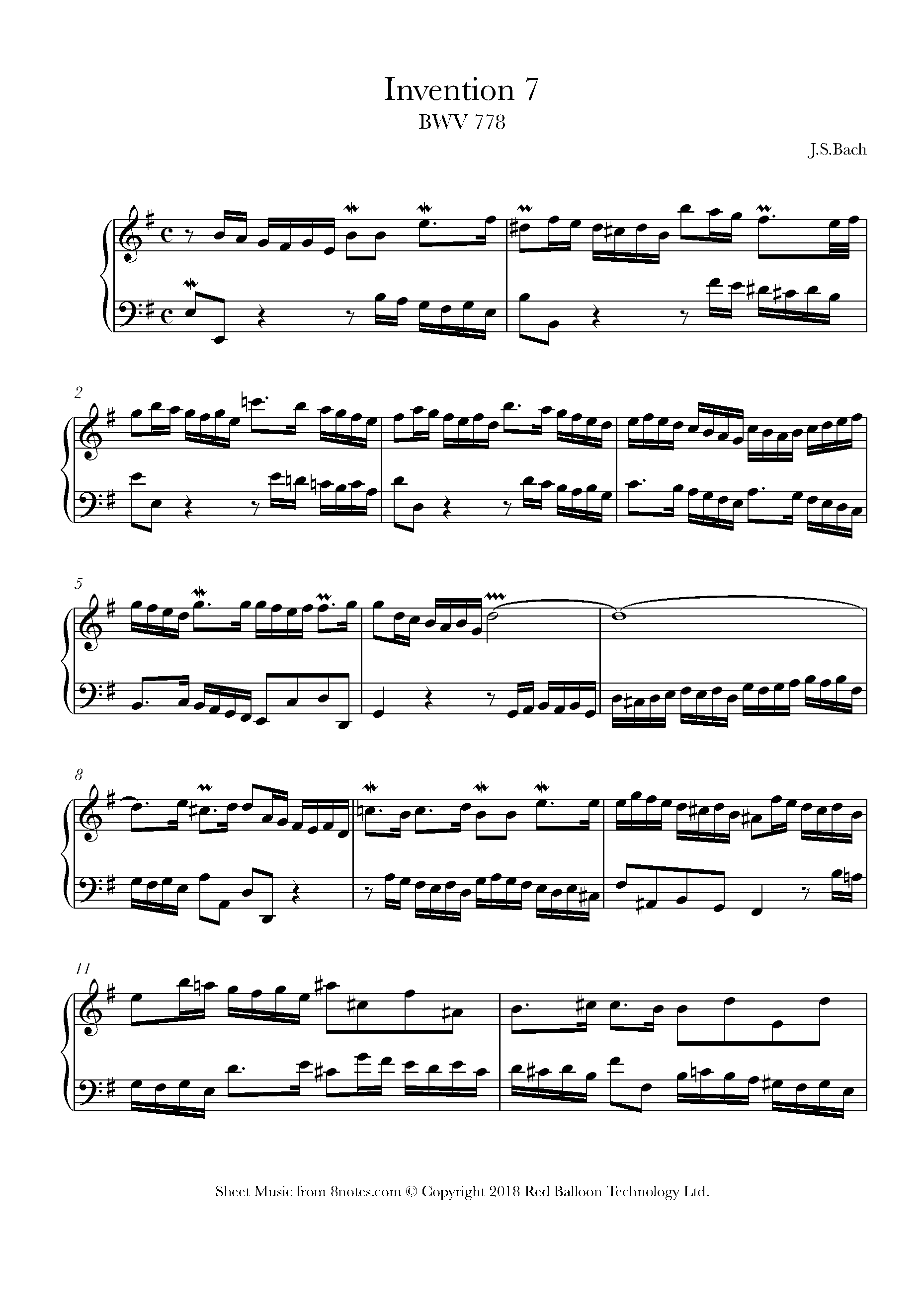 Bach - Invention No. 7 in E Minor BWV 778 Sheet music for Piano ...