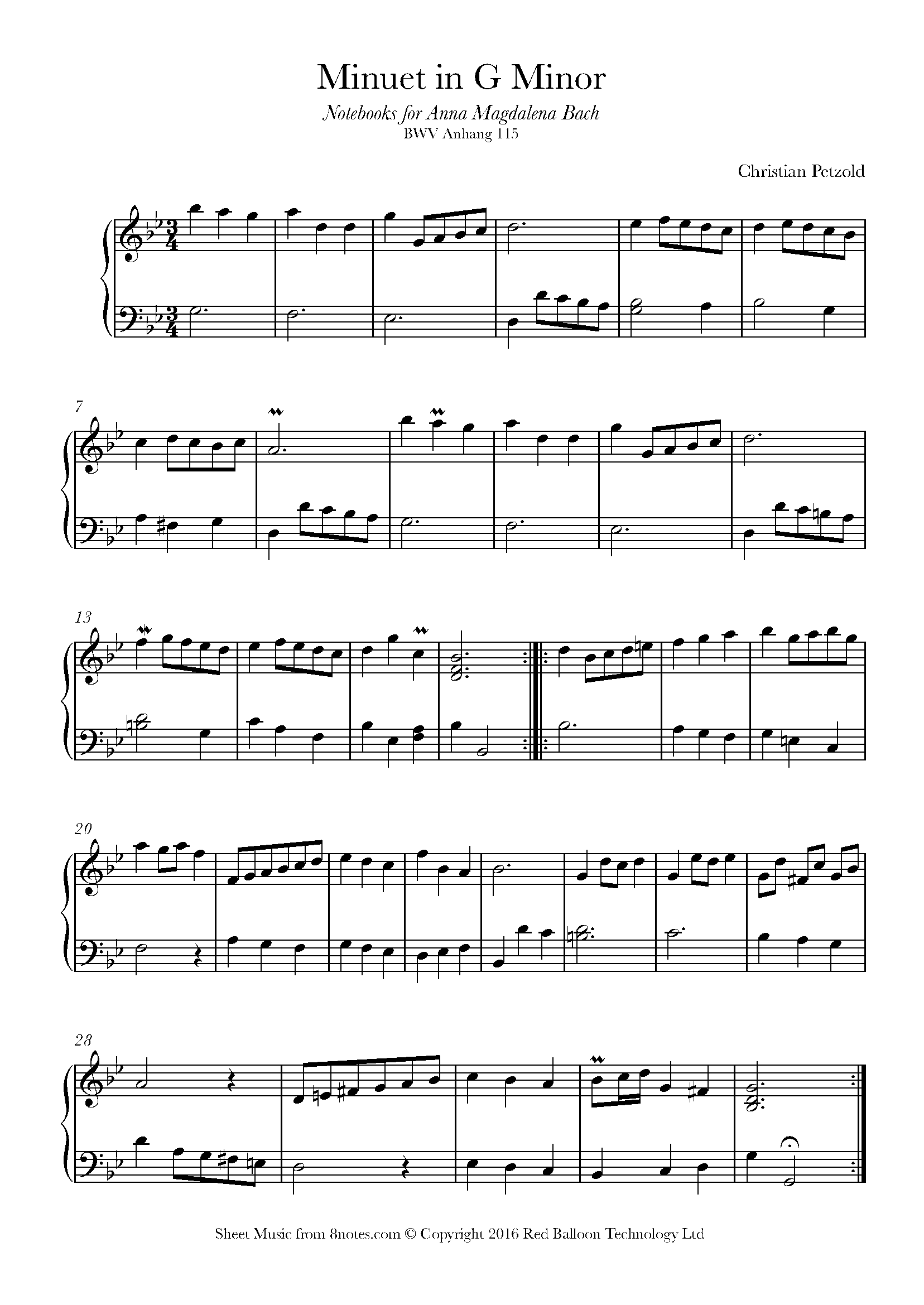 Bach Minuet In G Minor From Notebook For Anna Magdalena Bach Bwv Anh