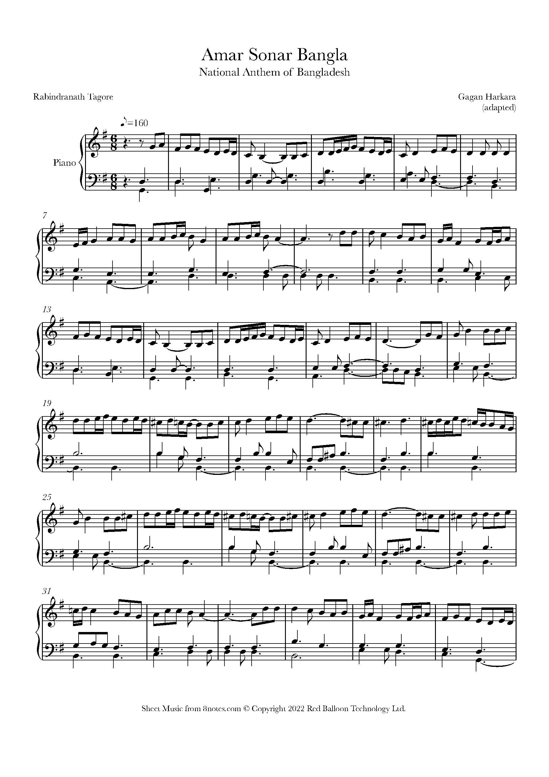 Amar Sonar Bangla, National Anthem of Bangladesh Sheet music for Piano ...