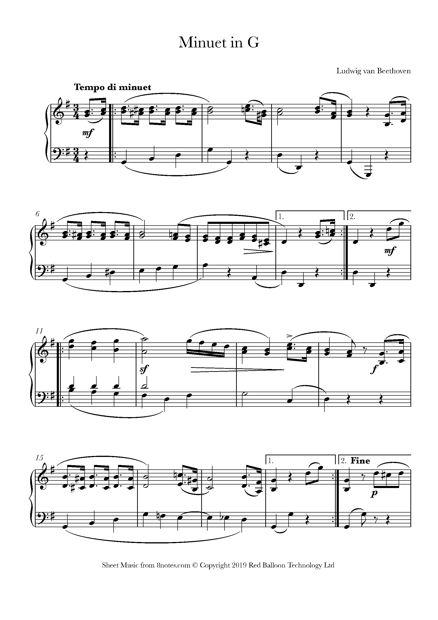 Beethoven - Minuet in G Sheet music for Piano - 8notes.com