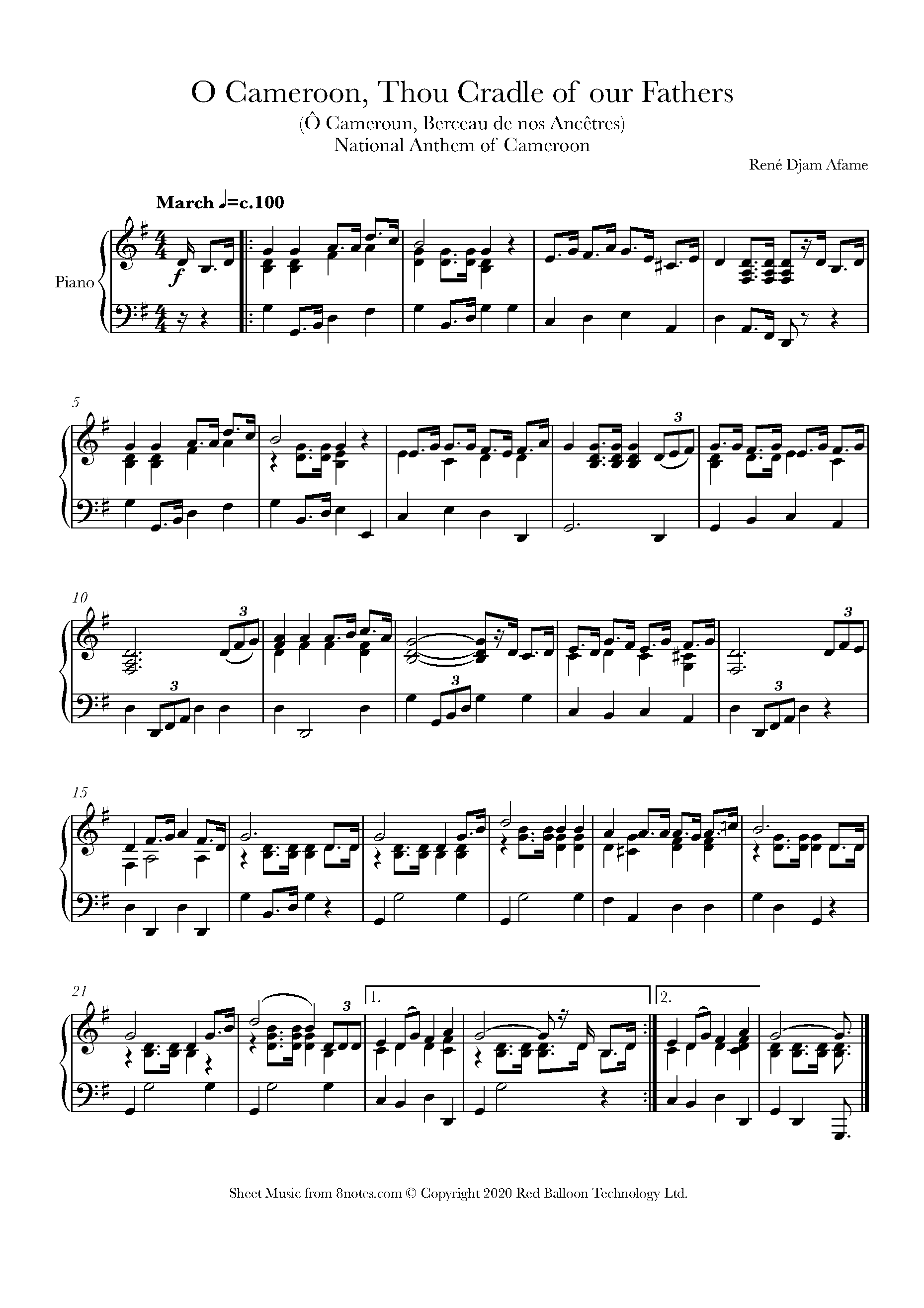 O Cameroon, Thou Cradle of our Fathers (Cameroon National Anthem) Sheet ...