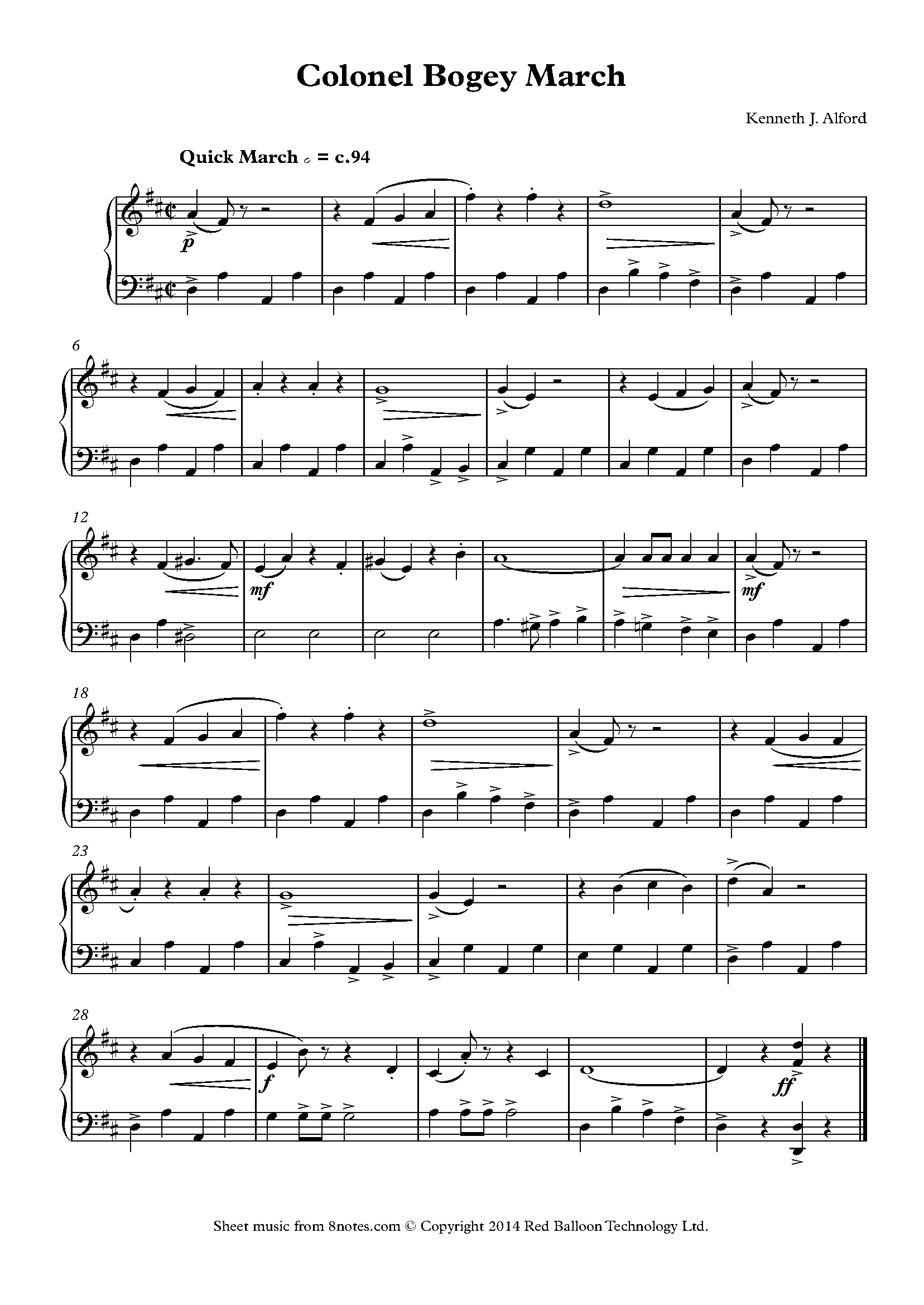 Alford - Colonel Bogey March Sheet music for Piano - 8notes.com