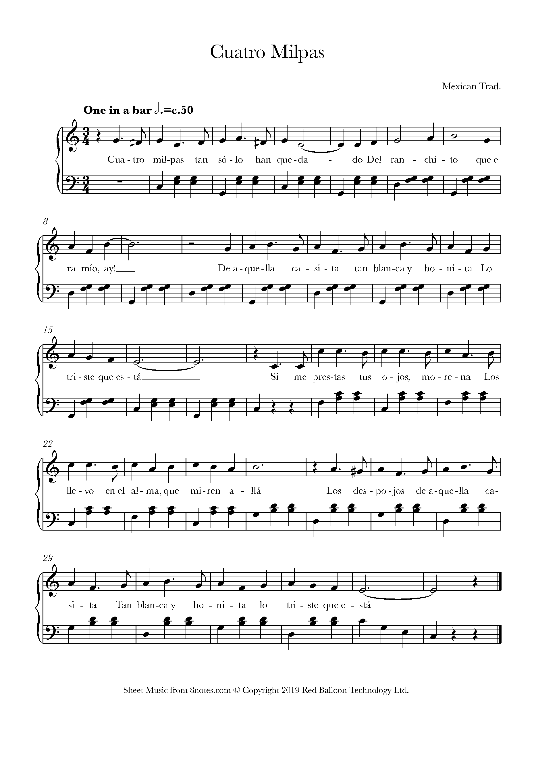 Cuatro Milpas (Mexican Traditional Song) Sheet music for Piano - 8notes.com