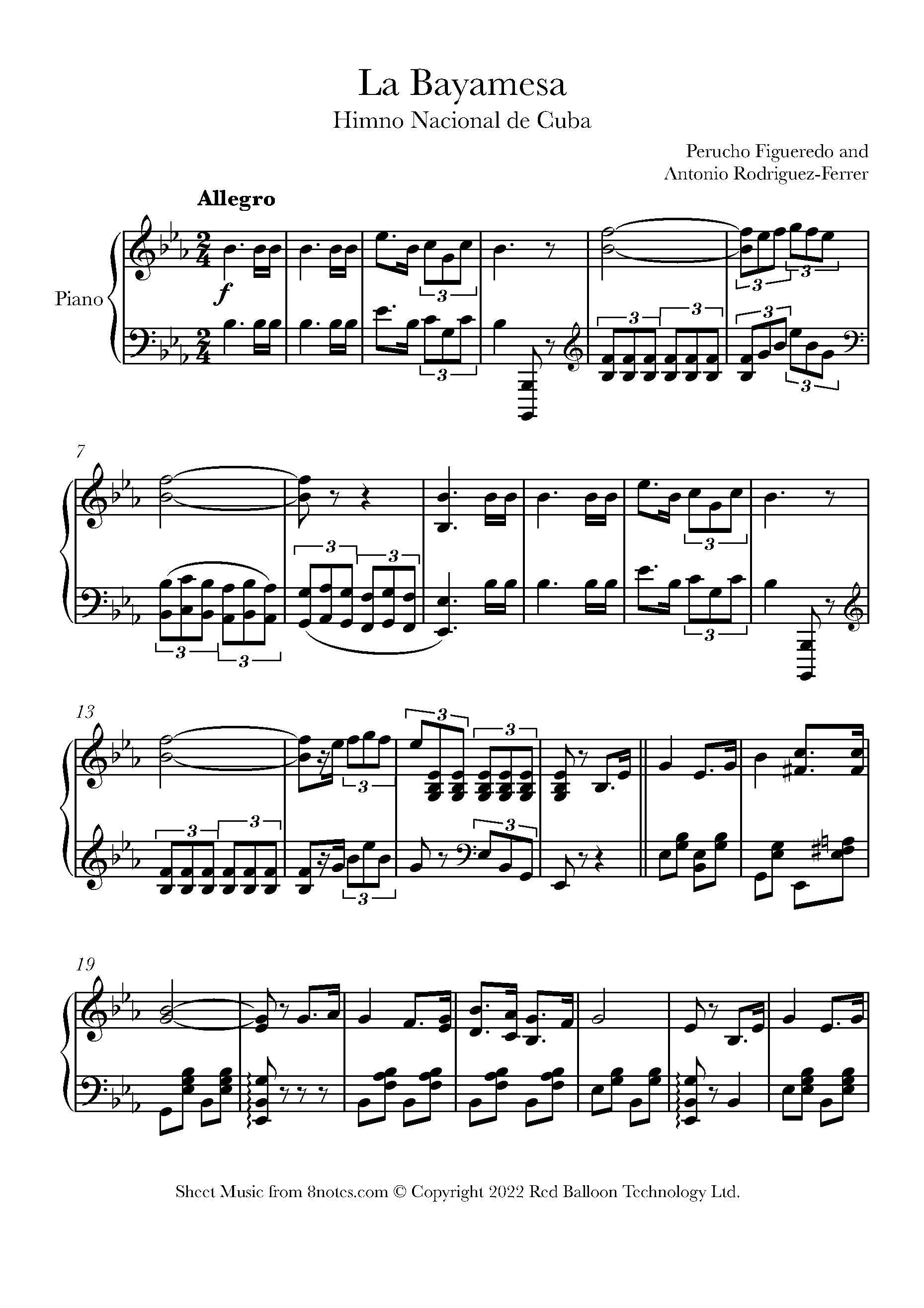 La Bayamesa (National Anthem of Cuba) Sheet music for Piano - 8notes.com