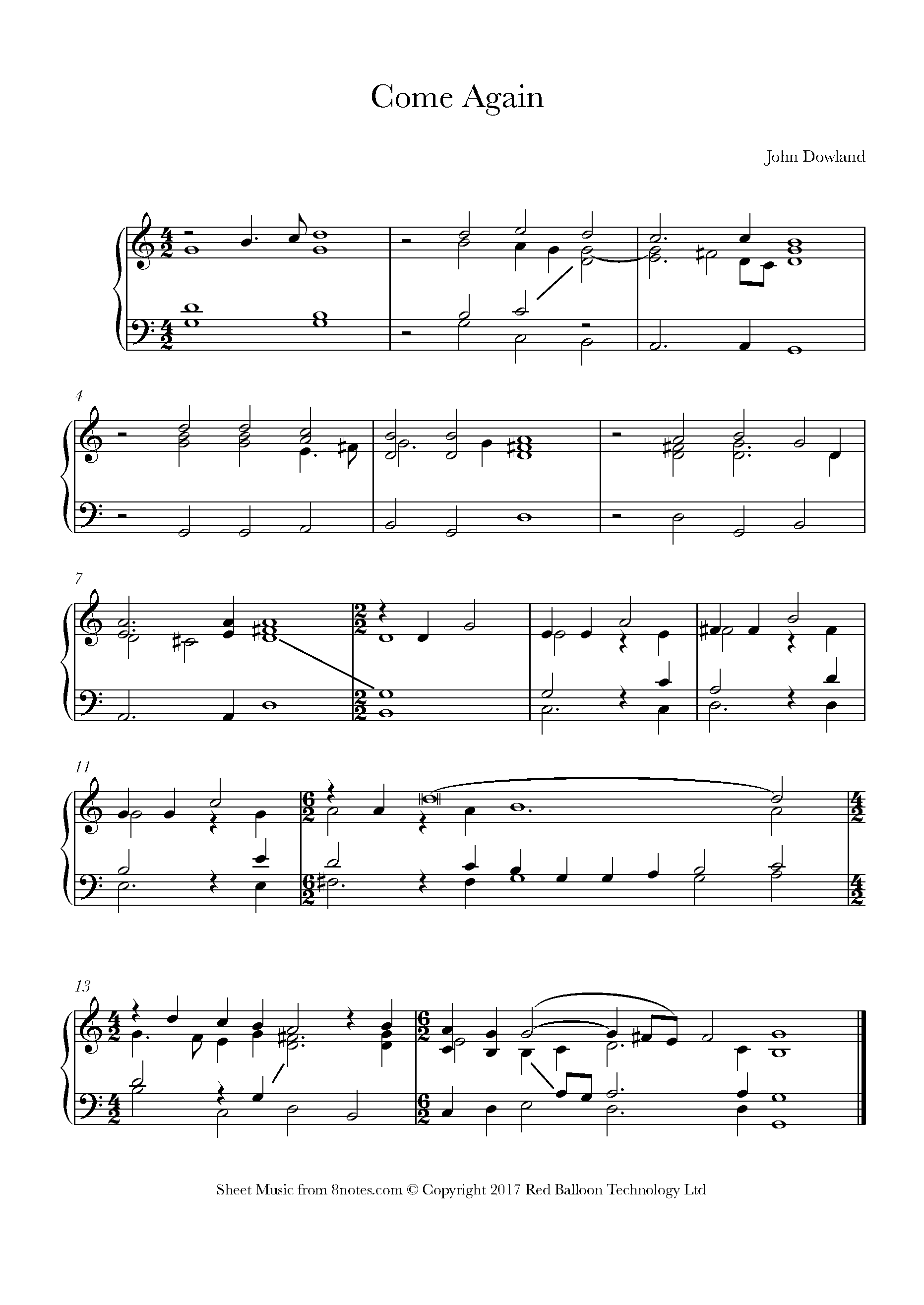 Dowland - Come Again Sheet music for Piano - 8notes.com