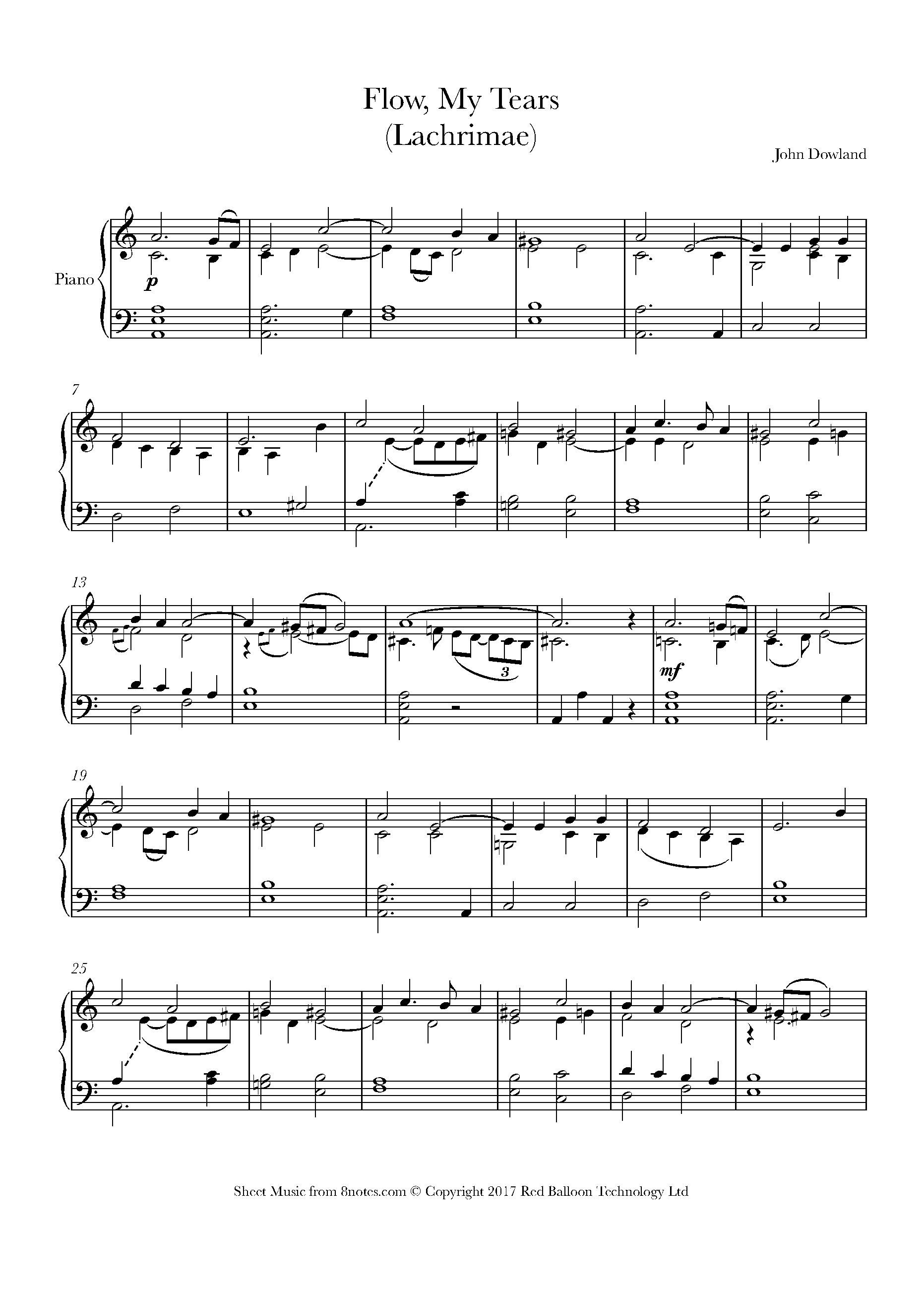 Dowland - Flow, my tears (Lachrimae) Sheet music for Piano - 8notes.com