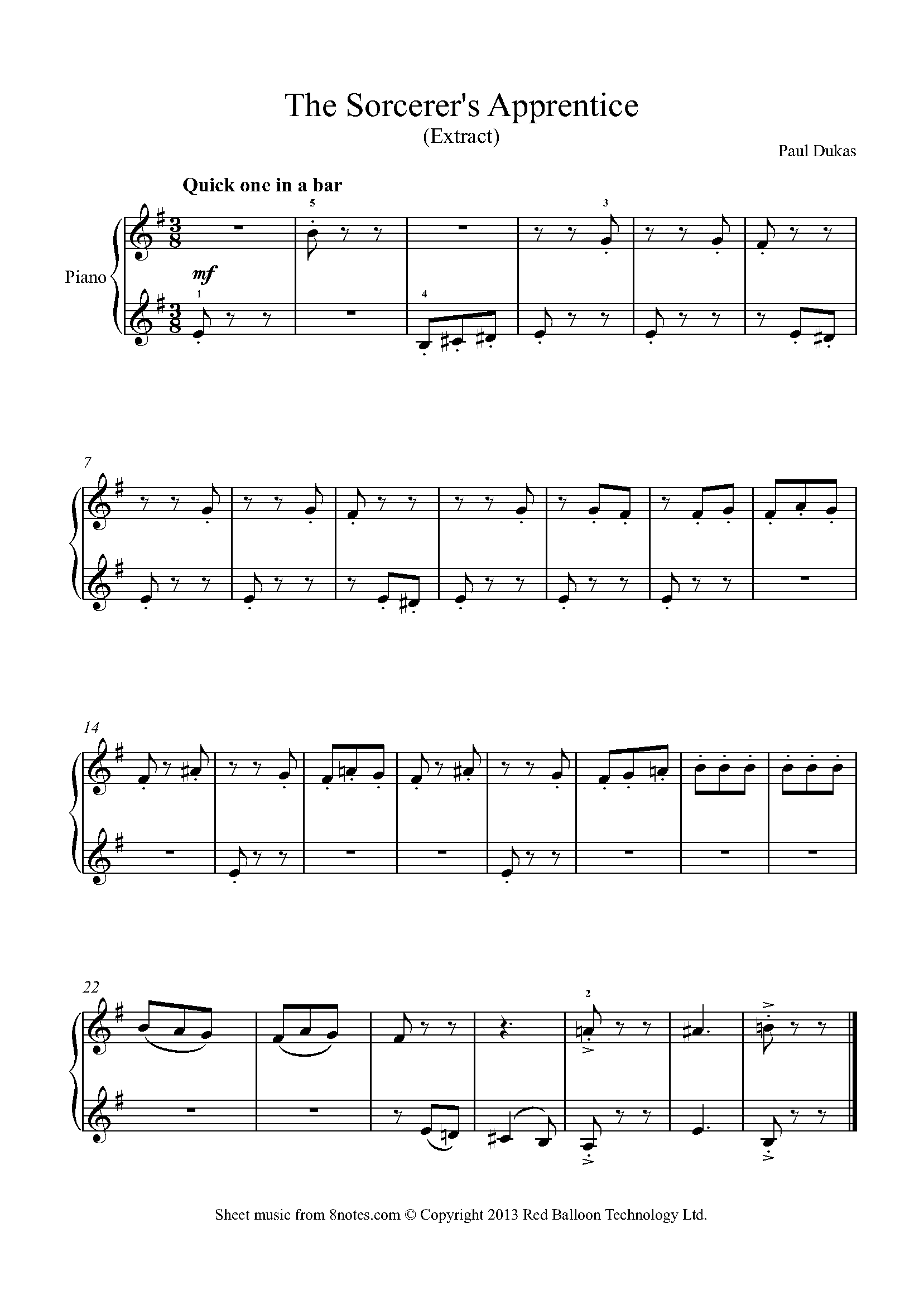 Dukas - The Sorcerers Apprentice (easy) Sheet music for Piano - 8notes.com