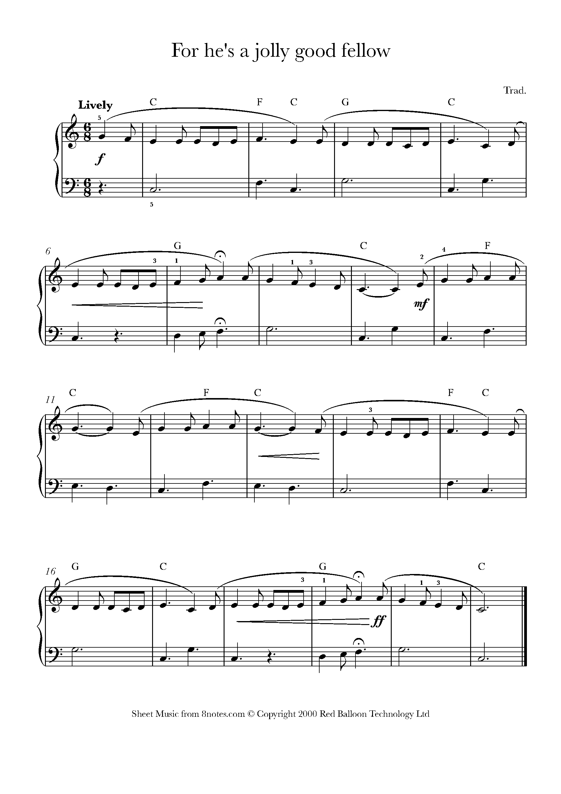 For He's A Jolly Good Fellow Sheet music for Piano - 8notes.com