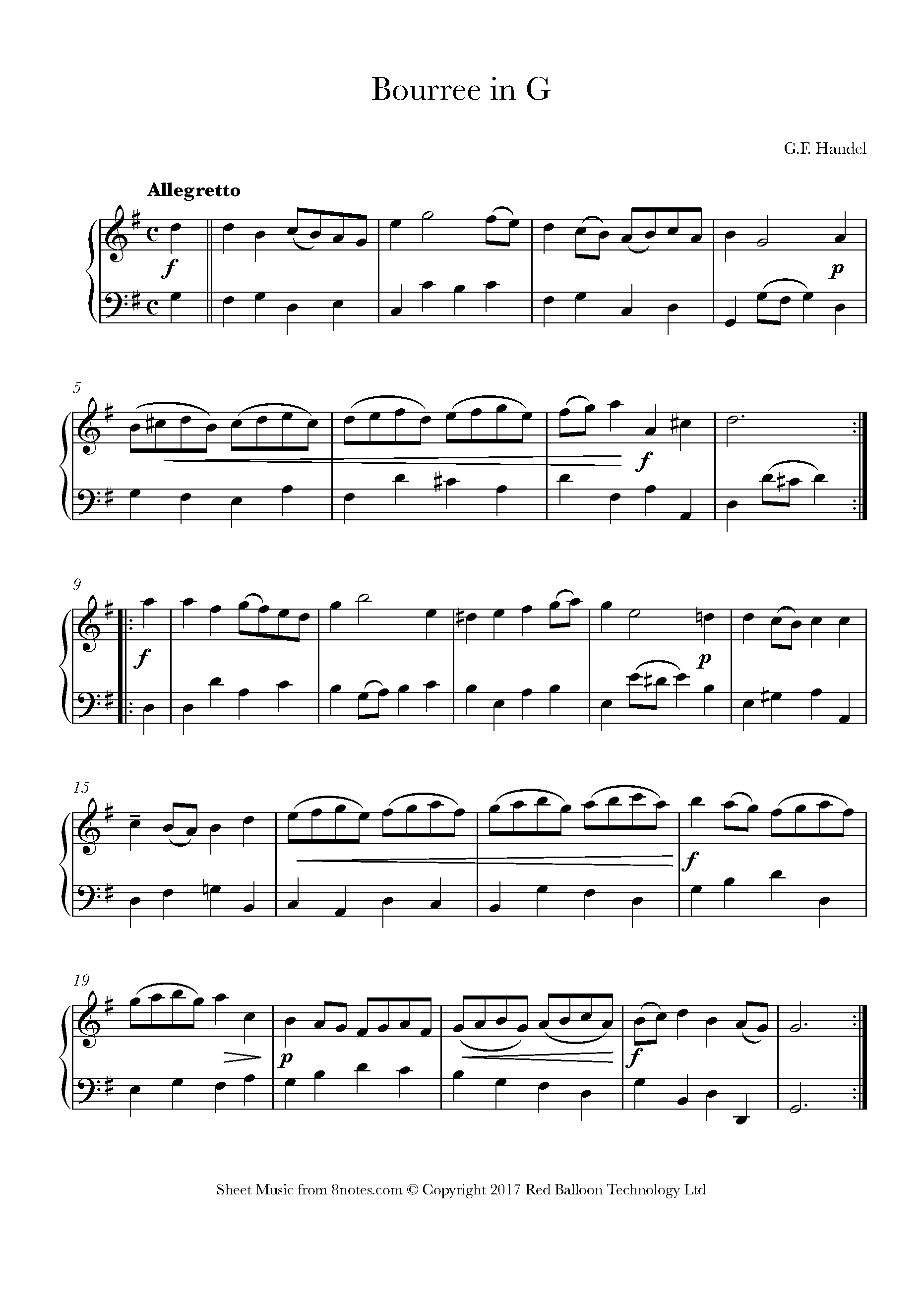 Handel - Bourree in G Sheet music for Piano - 8notes.com