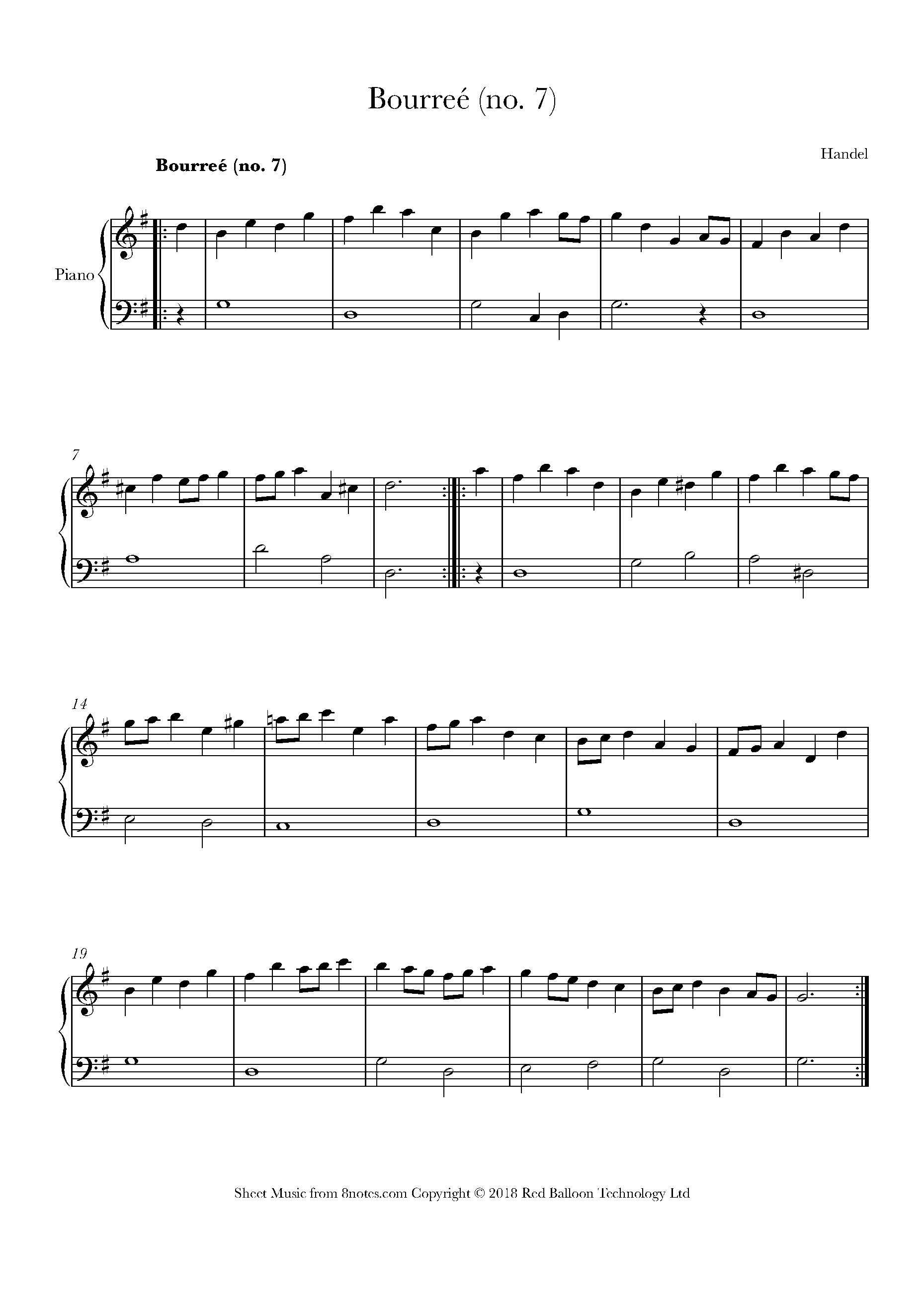 Handel - Bourree no.7 from Water Music Sheet music for Piano - 8notes.com