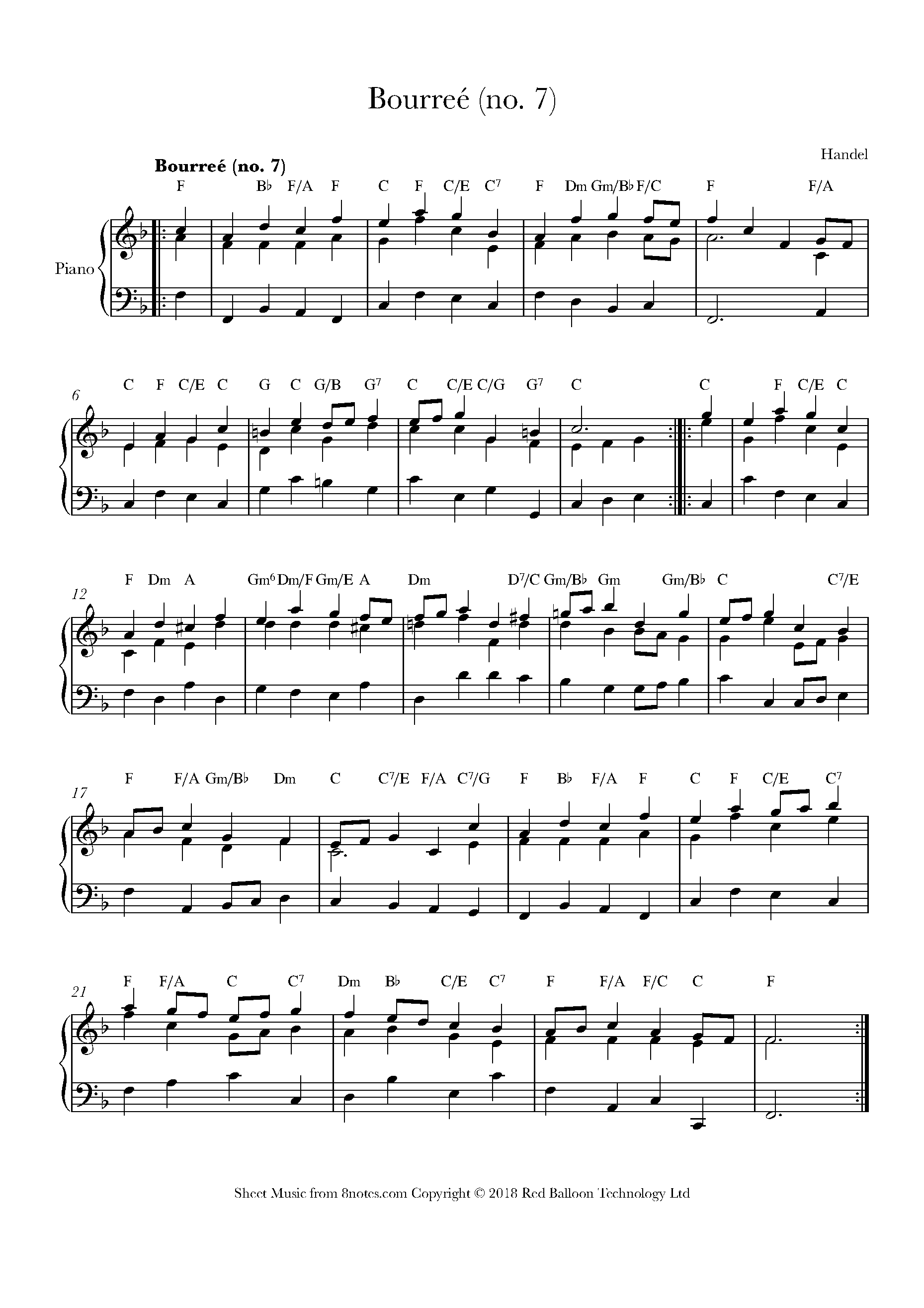 Handel - Bourree no.7 from Water Music Sheet music for Piano - 8notes.com