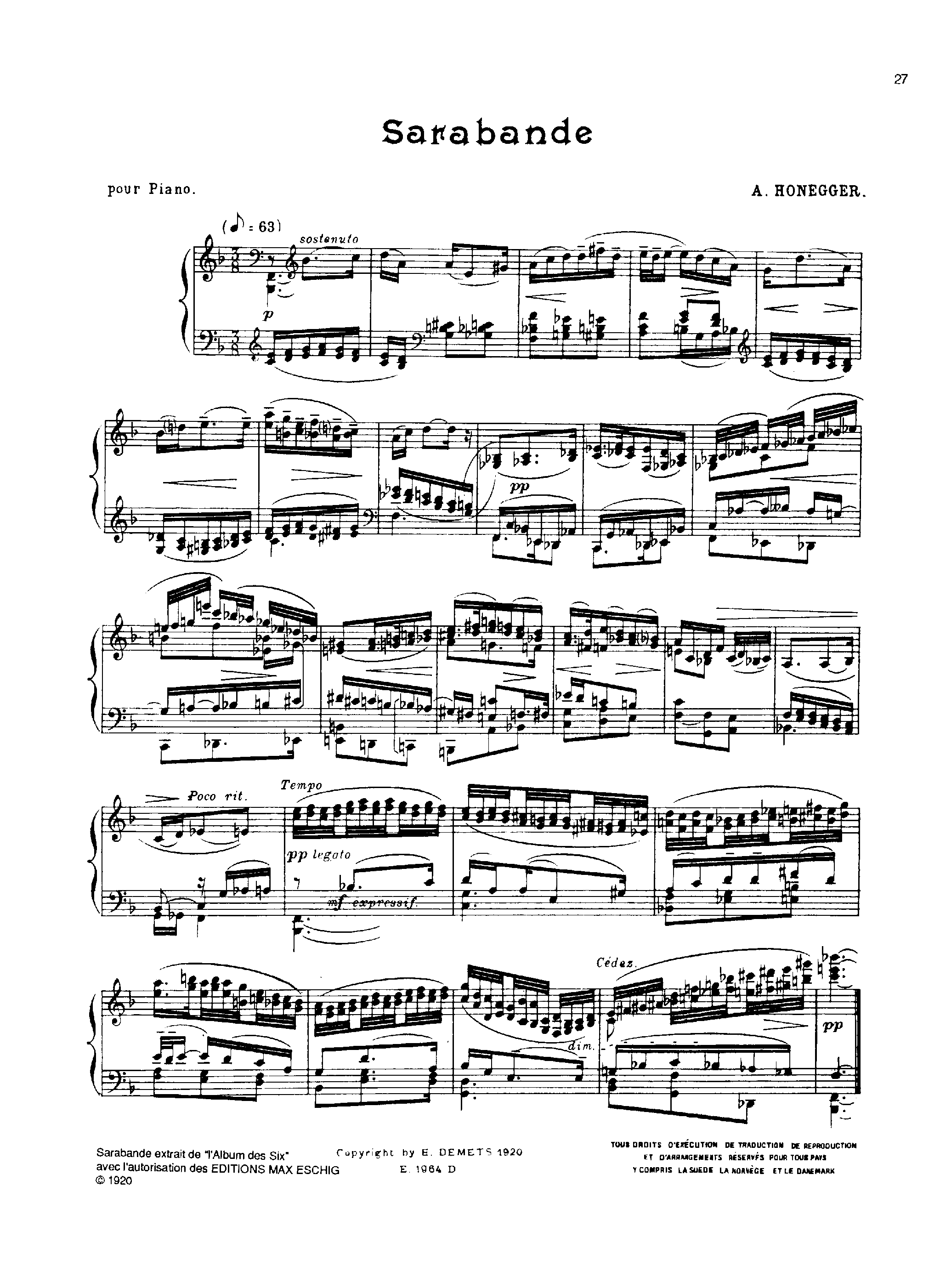 Honegger, Arthur - Sarabande for 'L'album des Six', H.26 for Piano ...