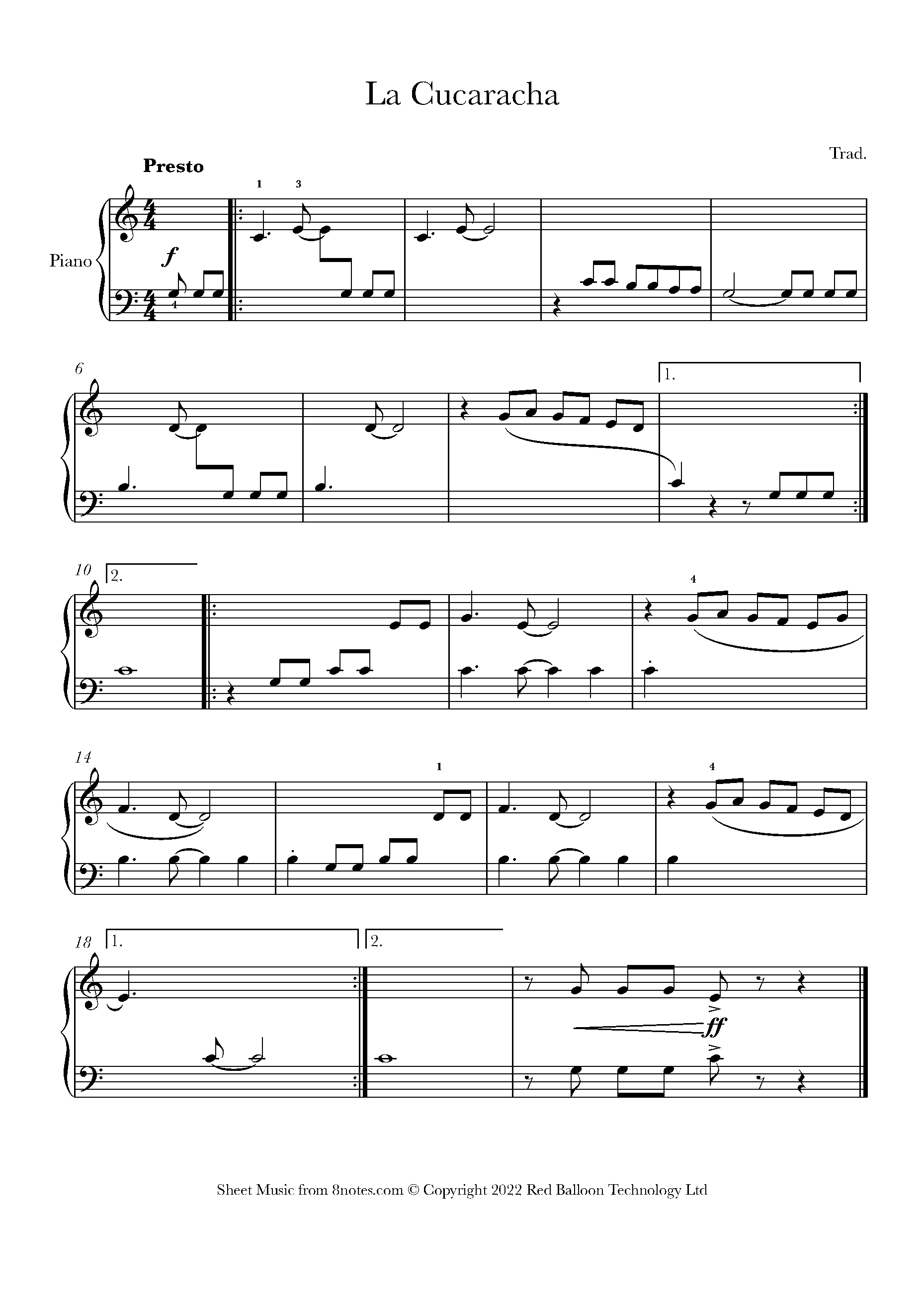 La Cucaracha (Mexico) (Beginner) Sheet music for Piano - 8notes.com