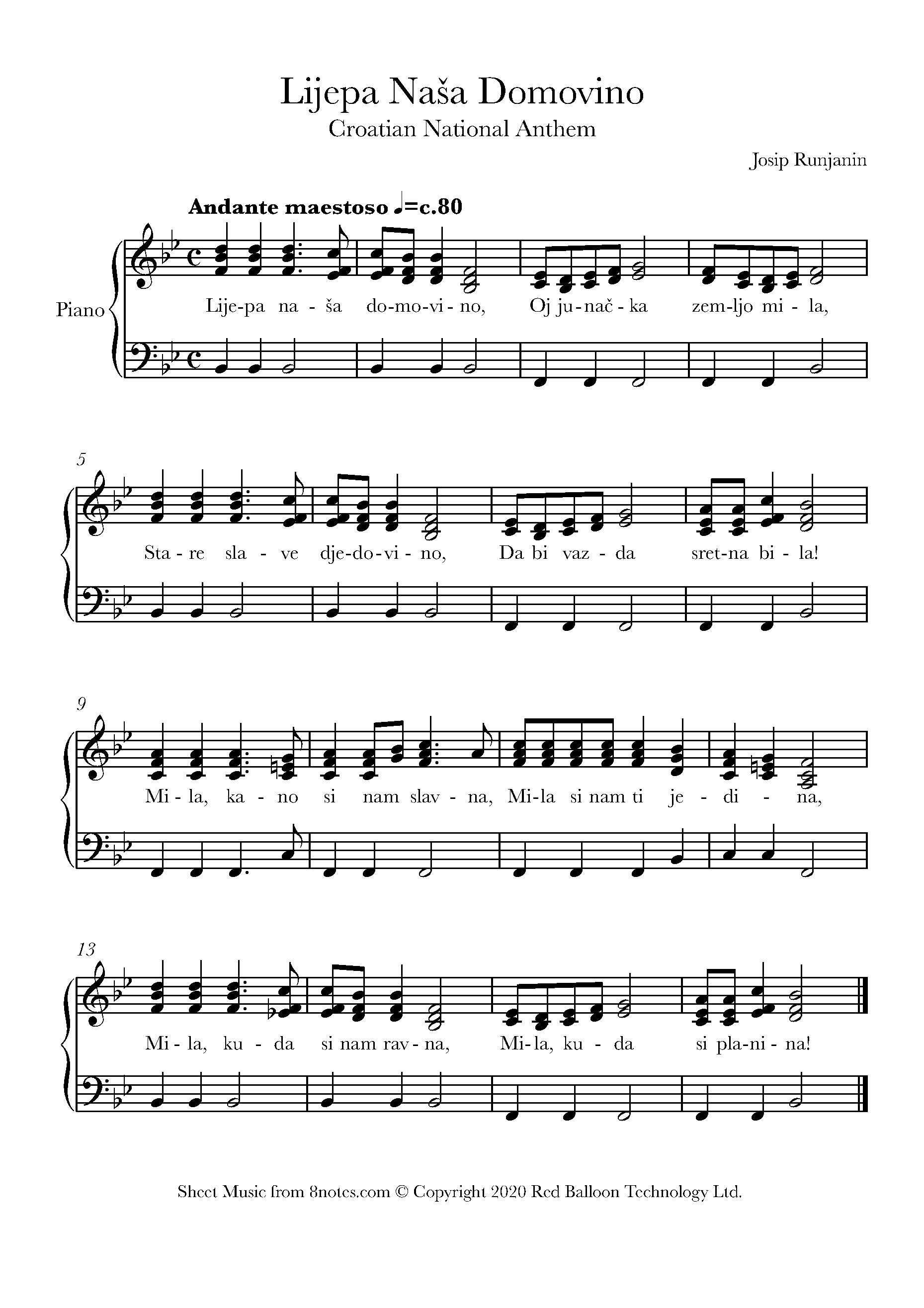 Lijepa Naša Domovino (Croatian National Anthem) Sheet music for Piano ...