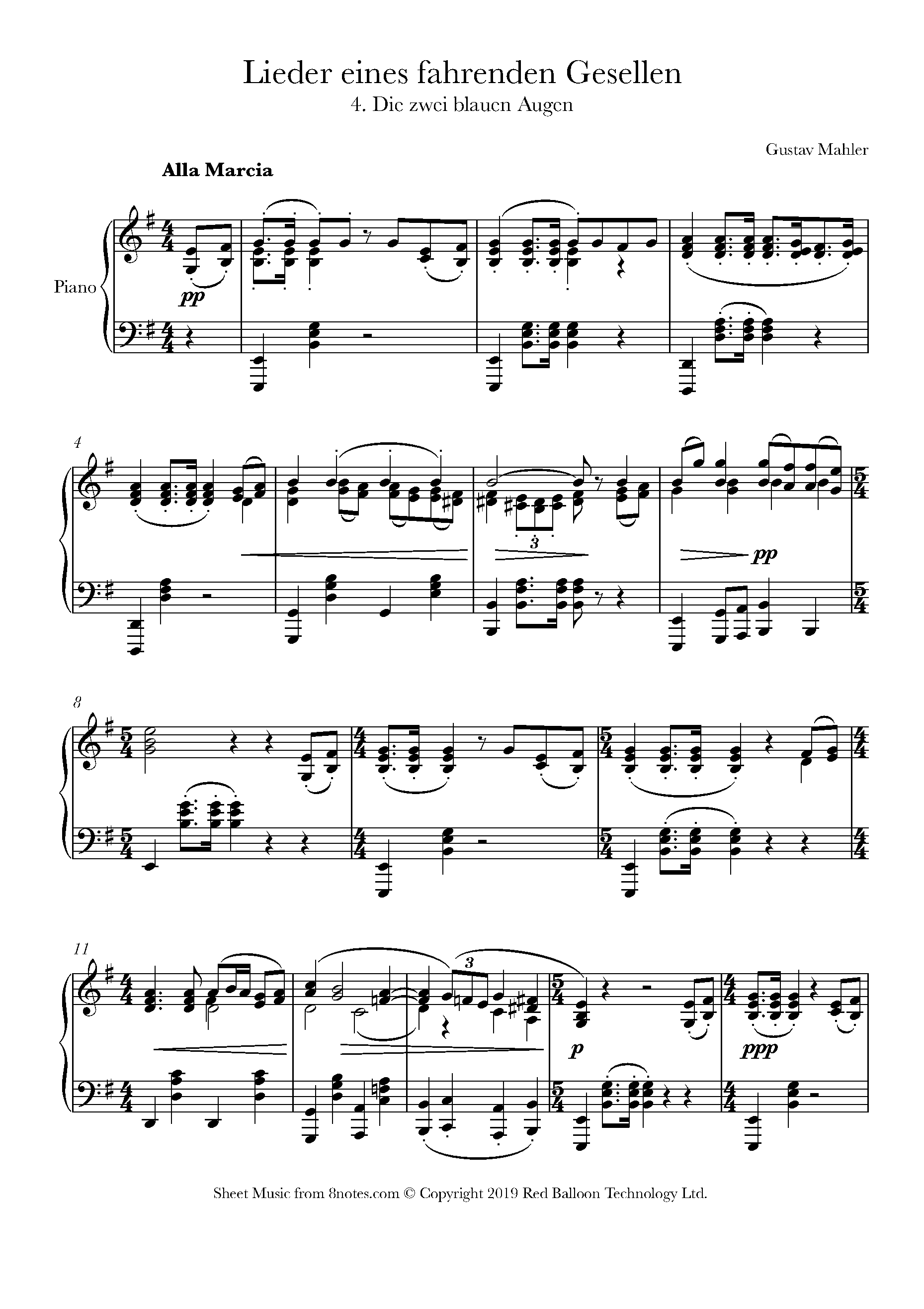Mahler - Die zwei blauen Augen, No. 4 from Lieder eines fahrenden Gesellen Sheet music for Piano ...