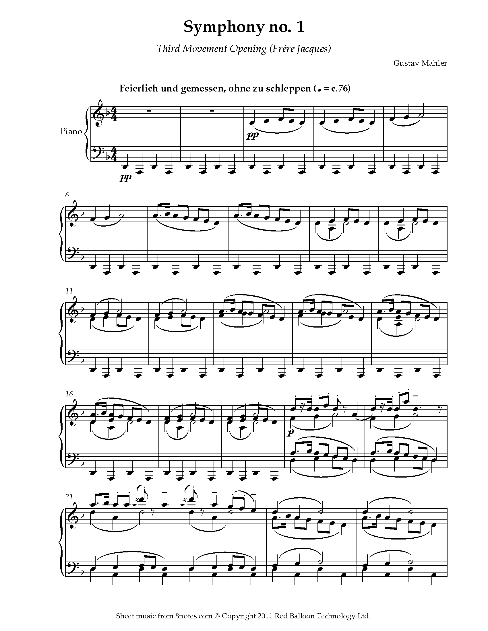 Mahler - Third Movement Opening (Frere Jacques) from Symphony No.1 Sheet music for Piano ...