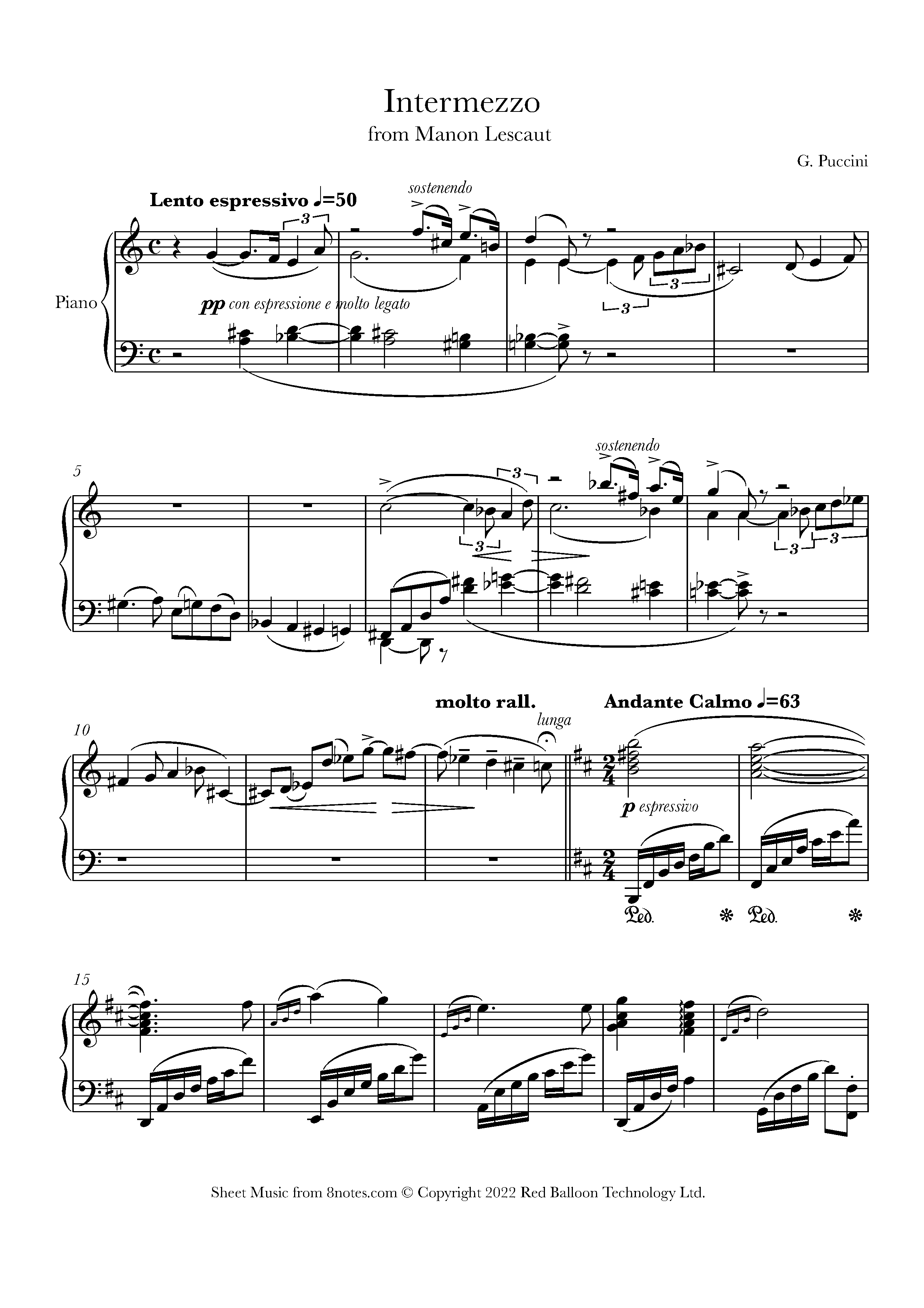 Puccini - Intermezzo from Manon Lescaut Sheet music for Piano - 8notes.com