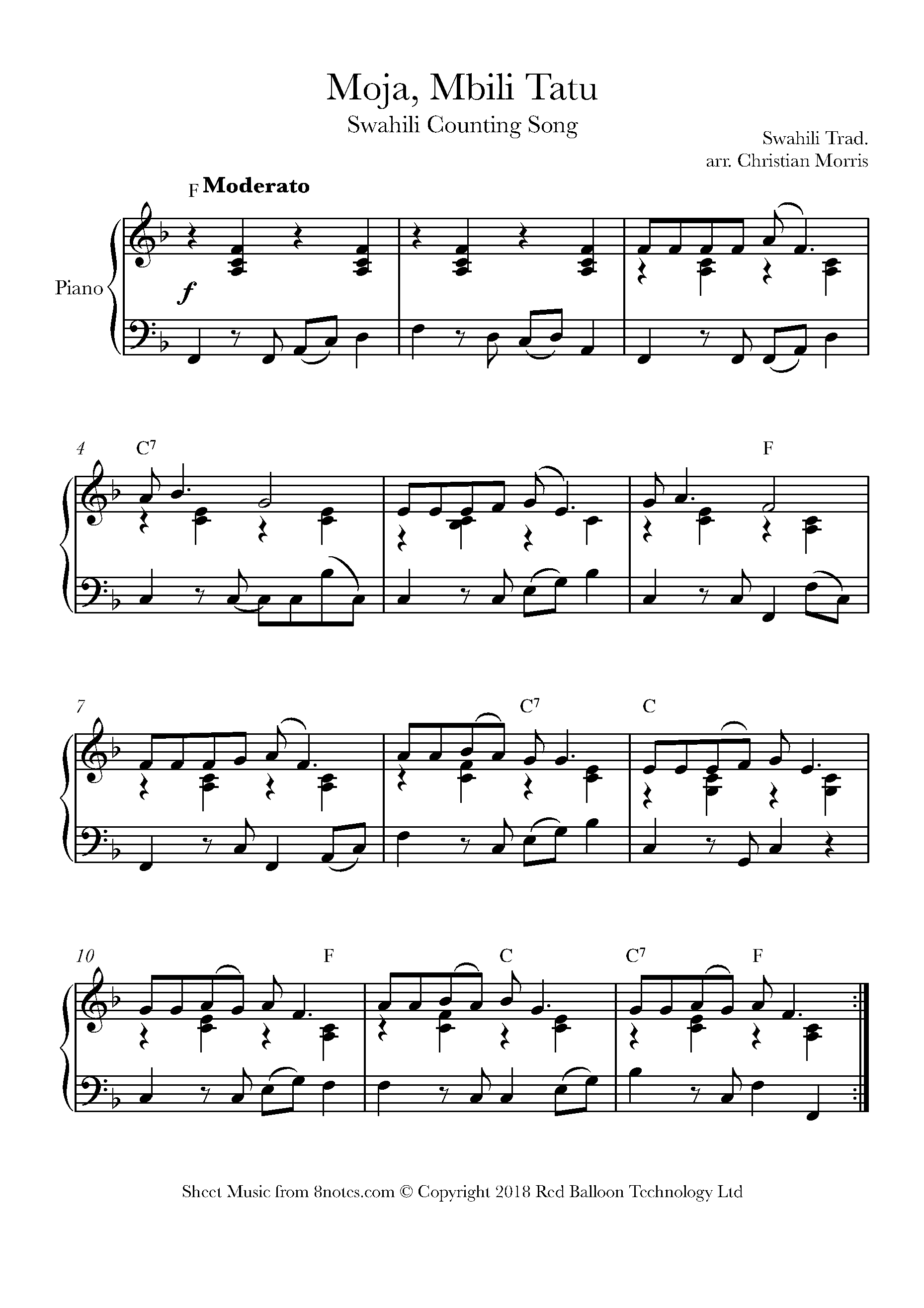 Moja Mbili Tatu Sheet music for Piano - 8notes.com