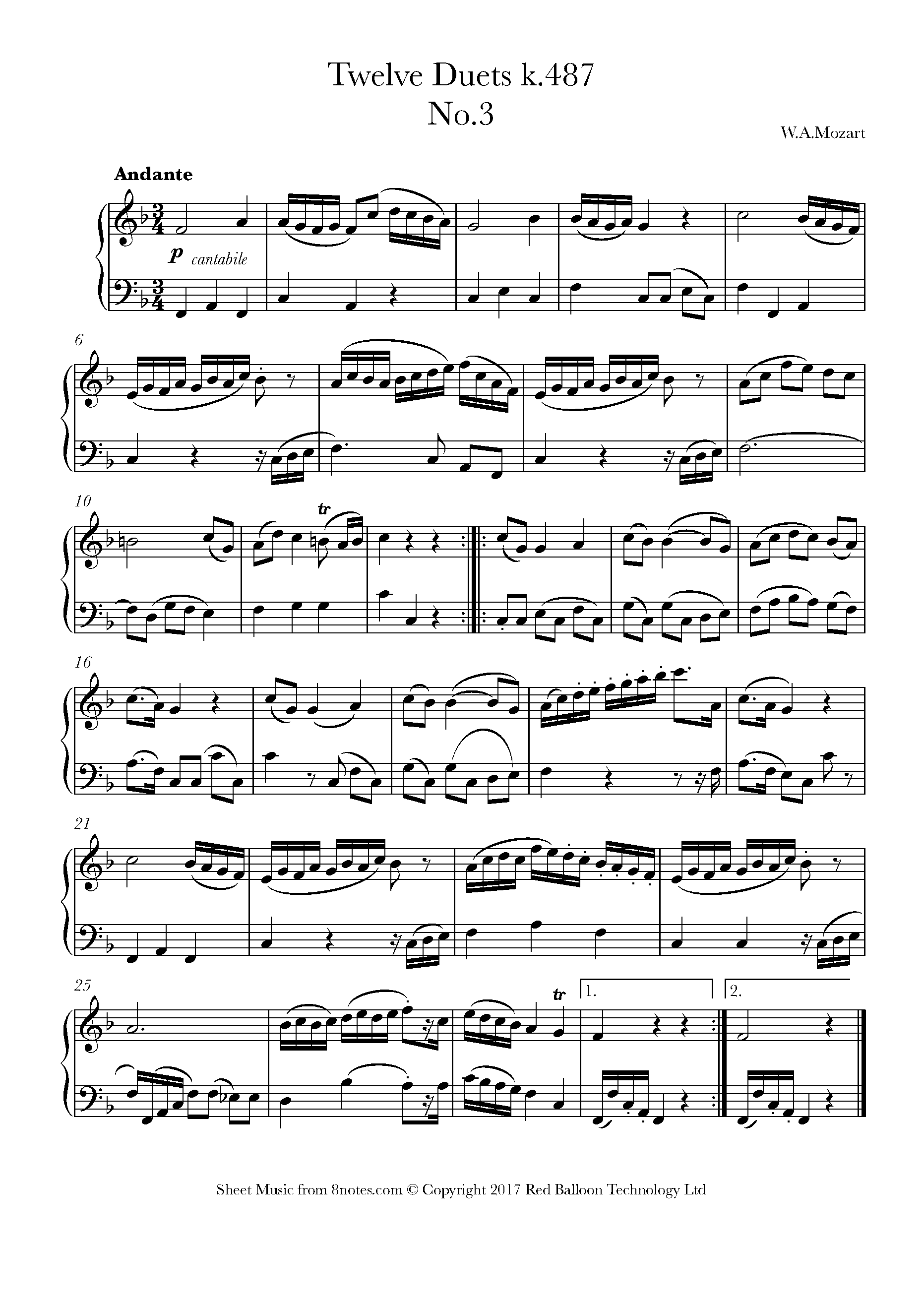 Mozart - Twelve Duets k.487 no.3 Sheet music for Piano - 8notes.com