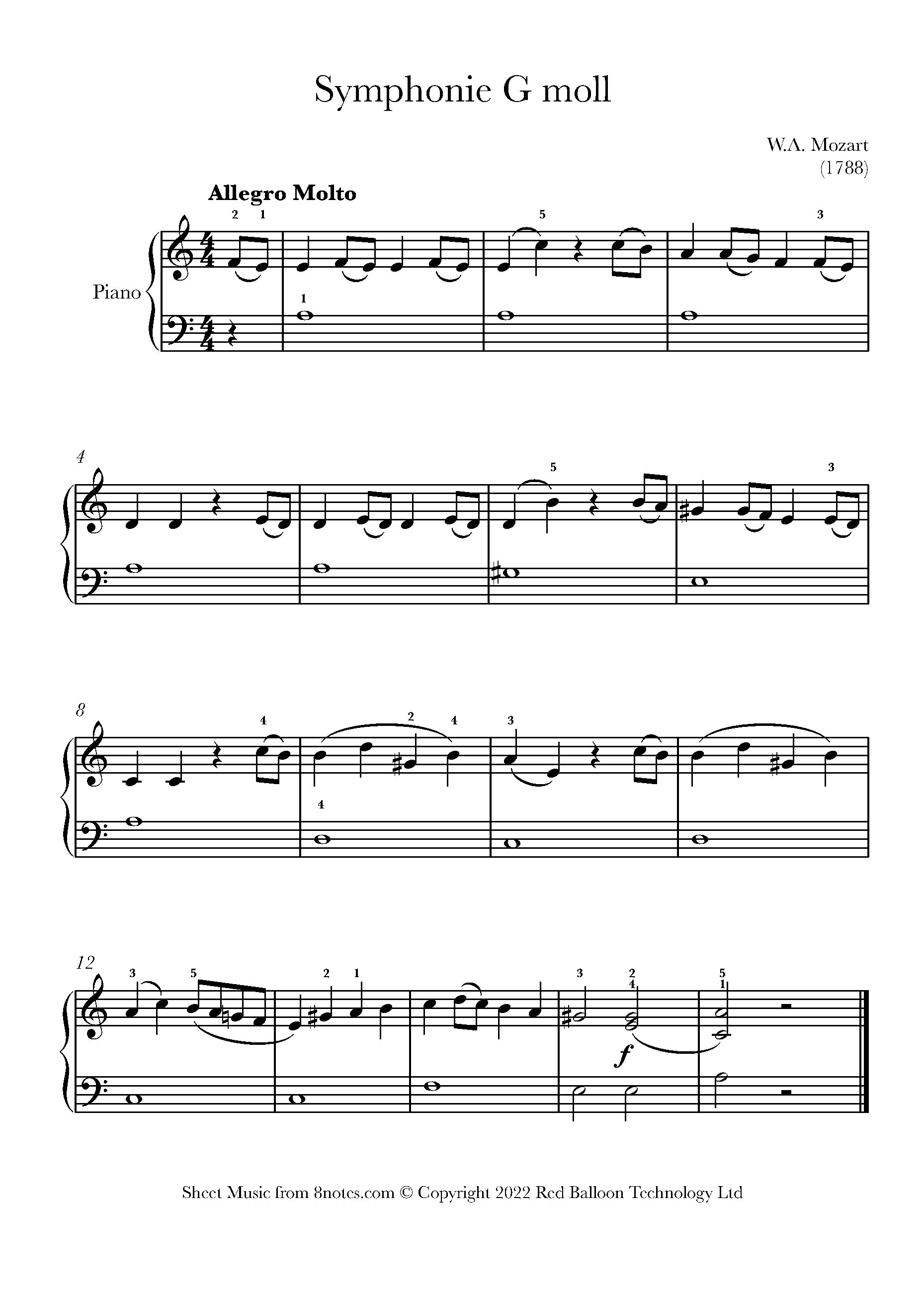 Mozart - Symphony no. 40 1st mvt (Beginner) Sheet music for Piano ...