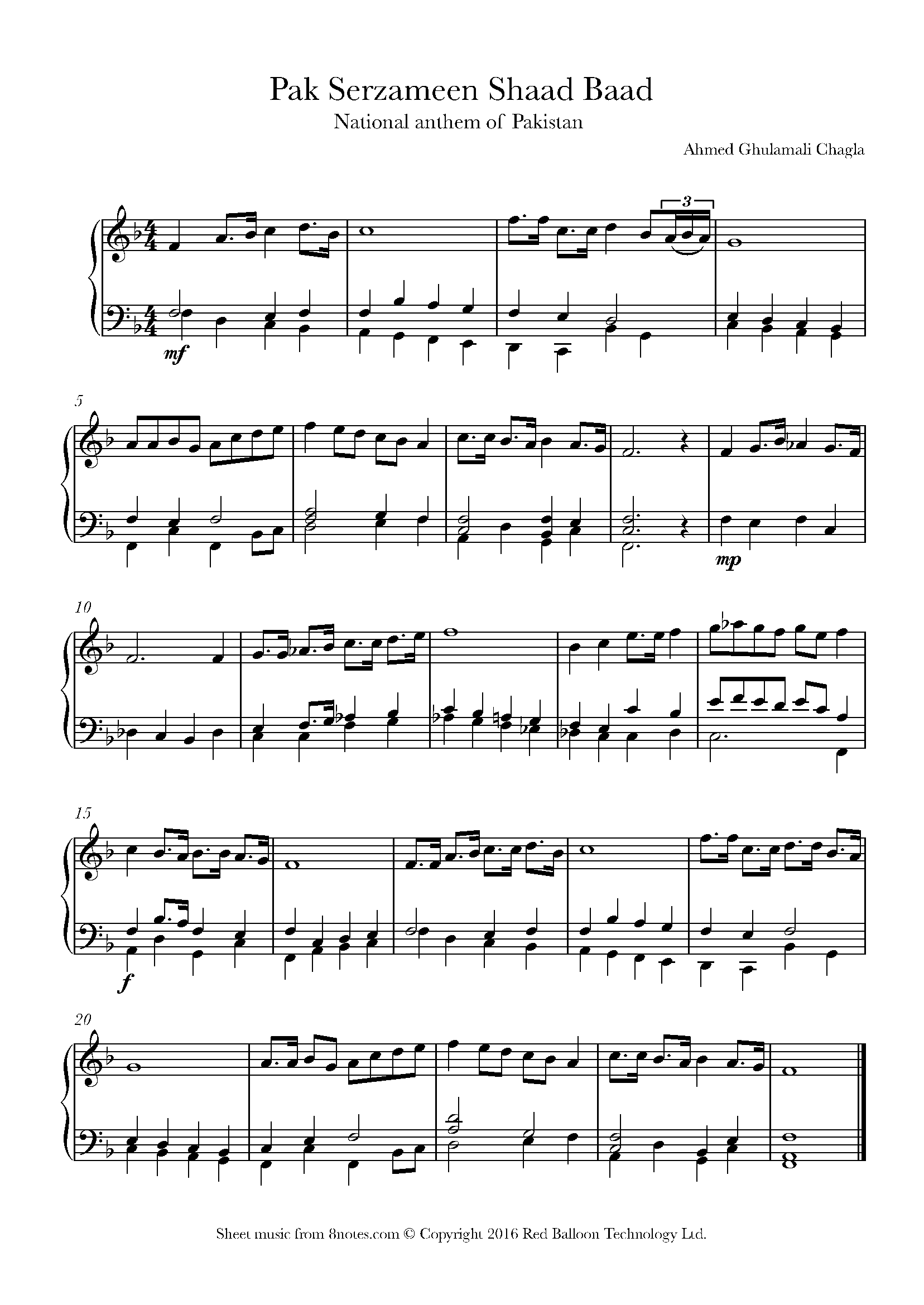 Chagla - National anthem of Pakistan - Pak Serzameen Shaad Baad Sheet ...