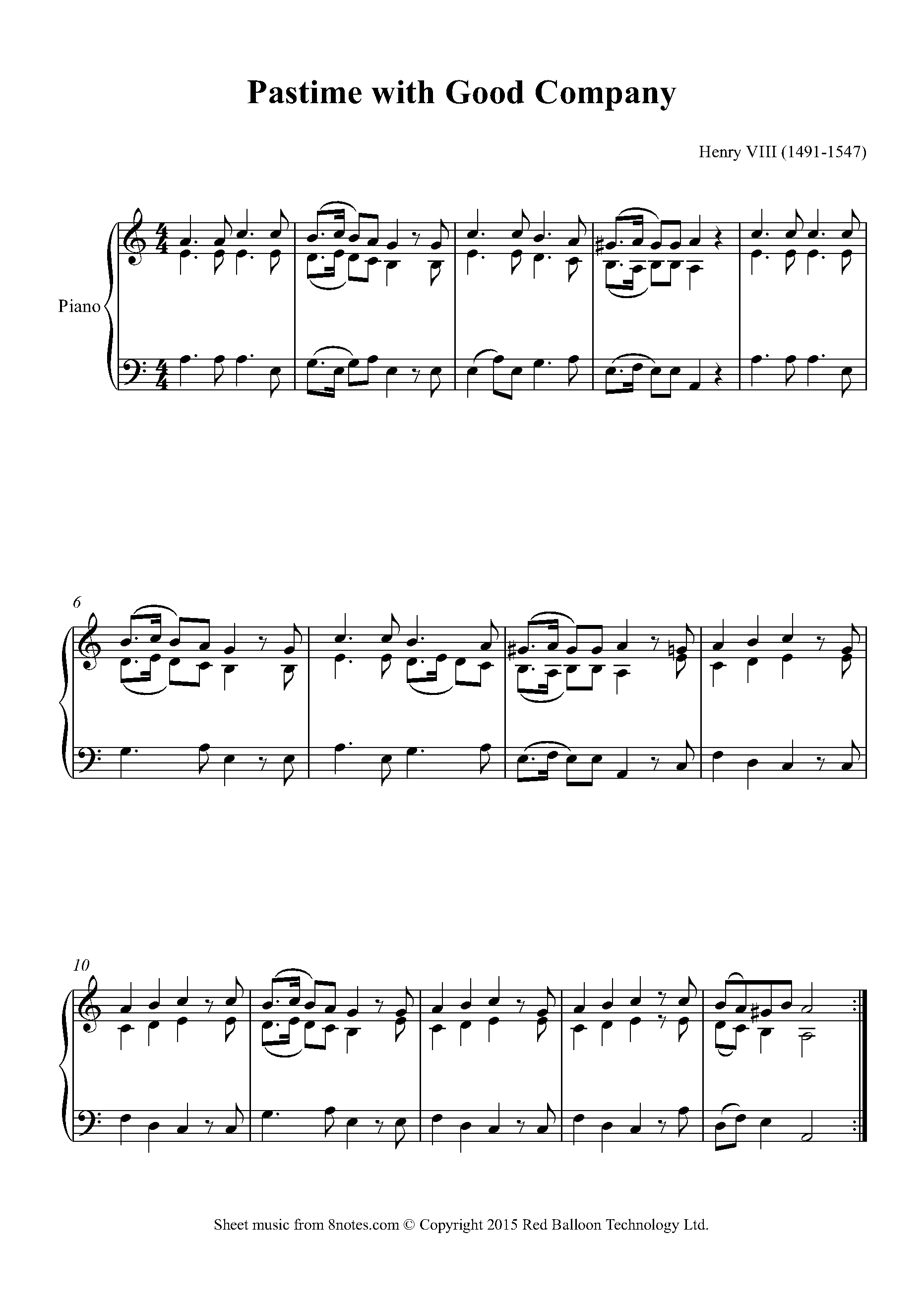 Henry VIII - Pastime with Good Company Sheet music for Piano - 8notes.com