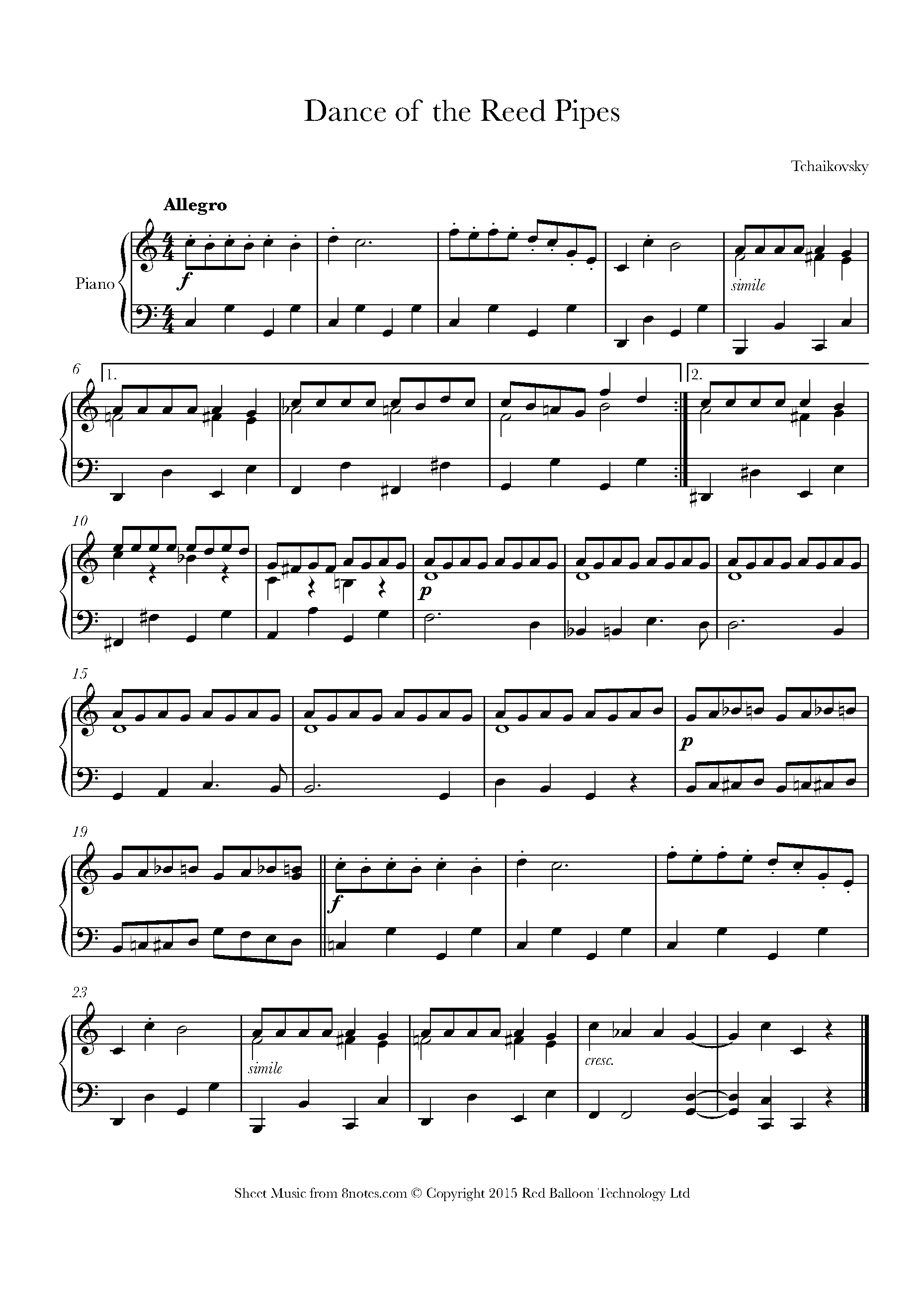 Tchaikovsky - Dance of the reed pipes from the Nutcracker Sheet music ...