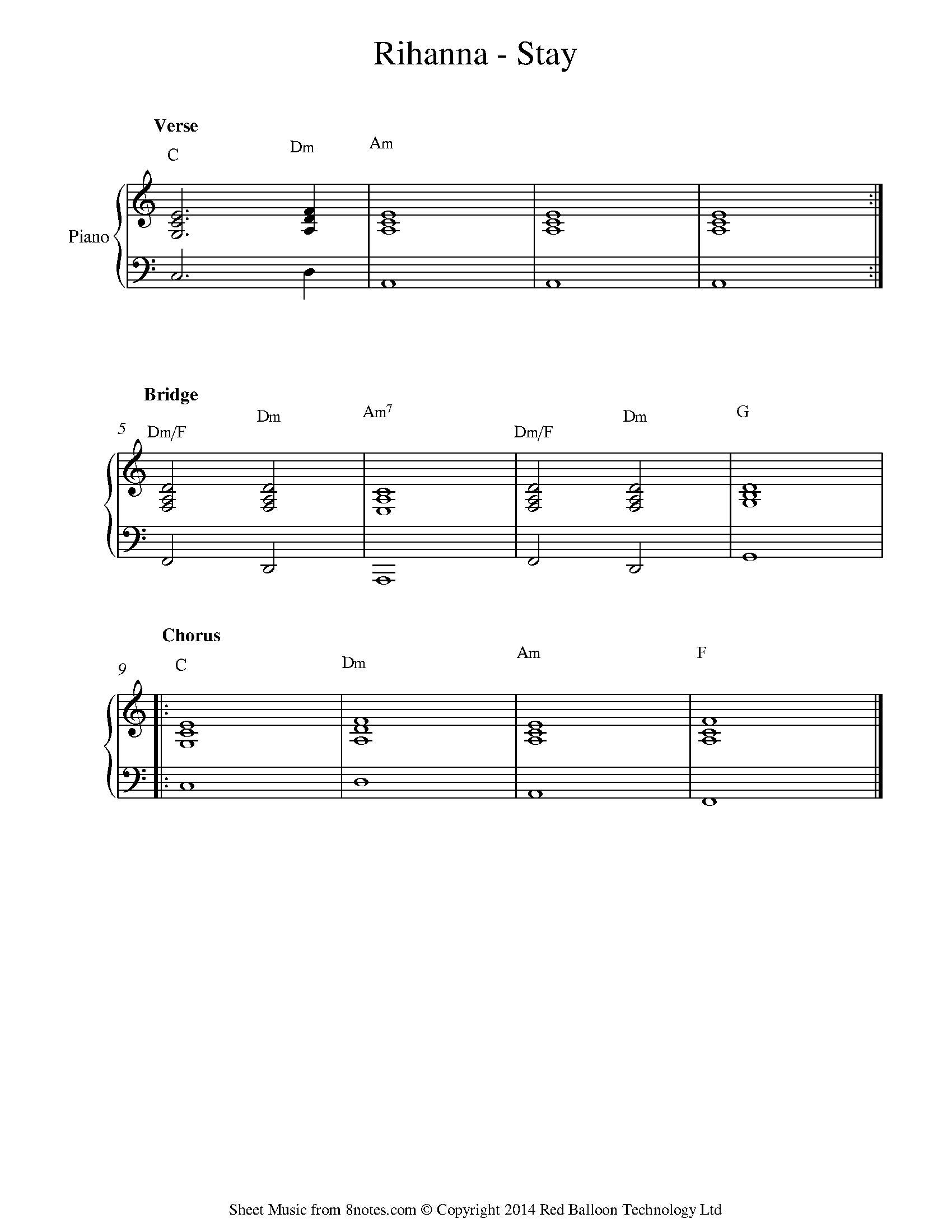 Rihanna - Stay (feat. mikky ekko) Sheet music for Piano Chord Chart ...
