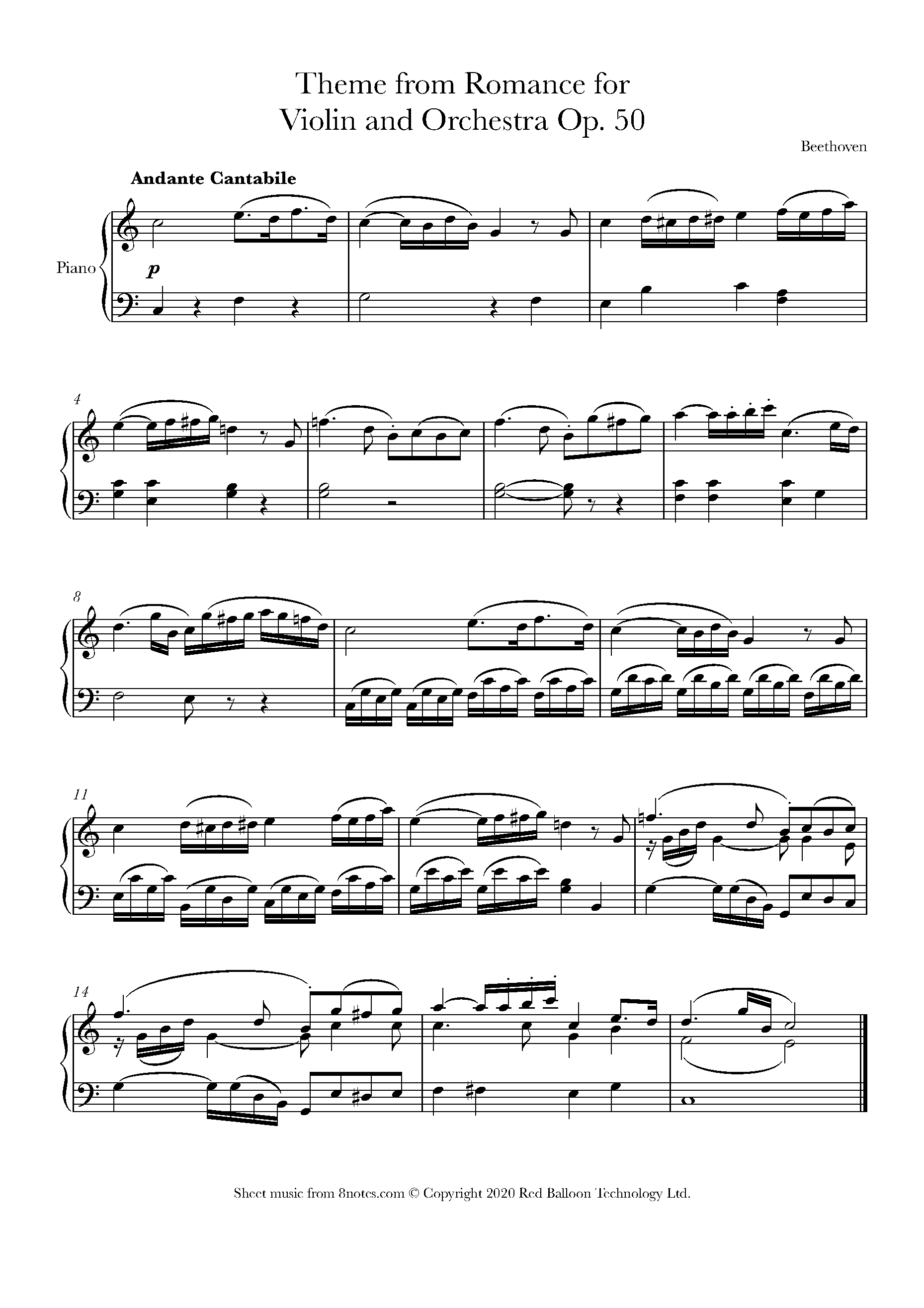 Beethoven - Theme from Romance for Violin and Orchestra Op. 50 Sheet ...