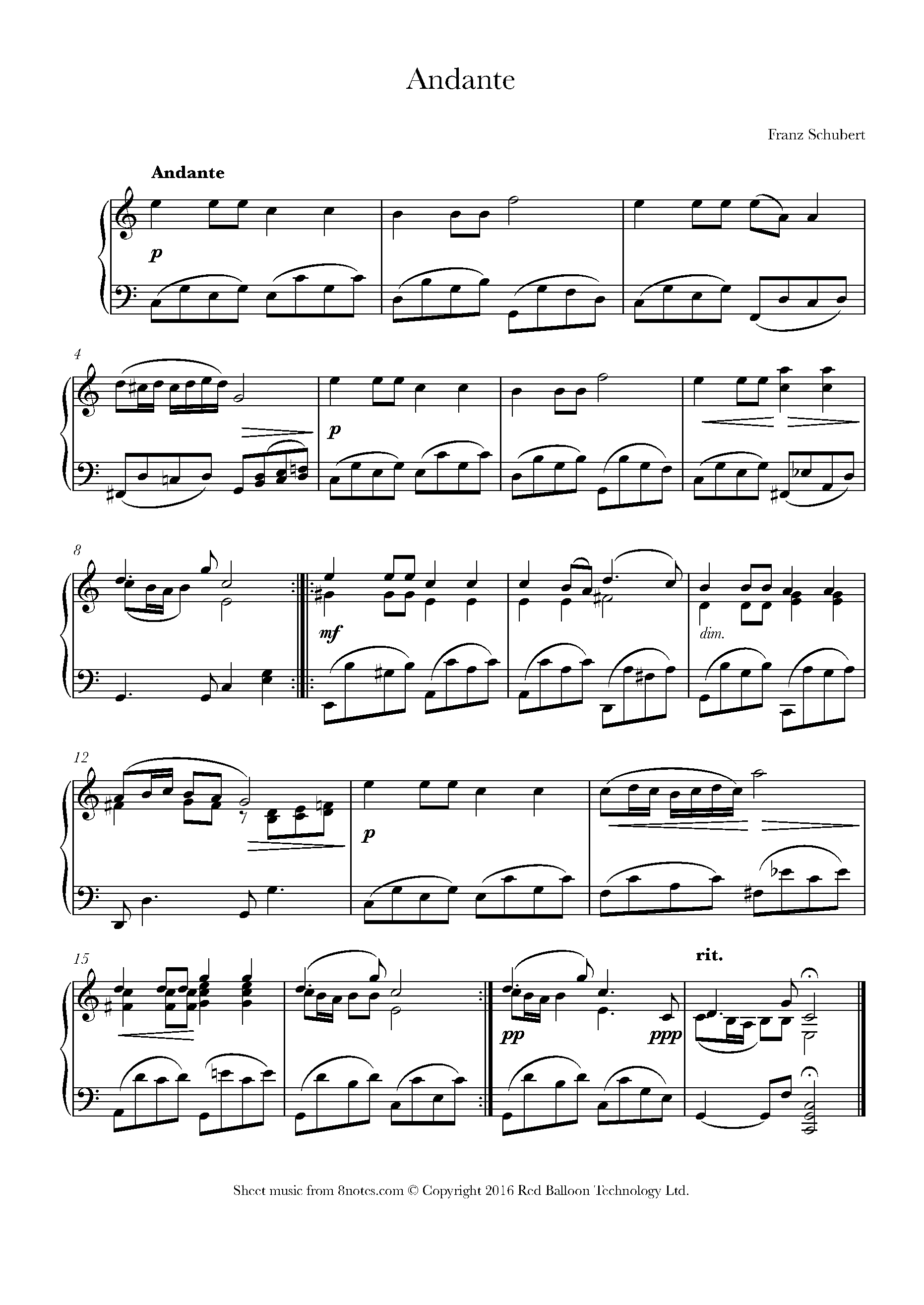 Schubert - Andante Sheet music for Piano - 8notes.com