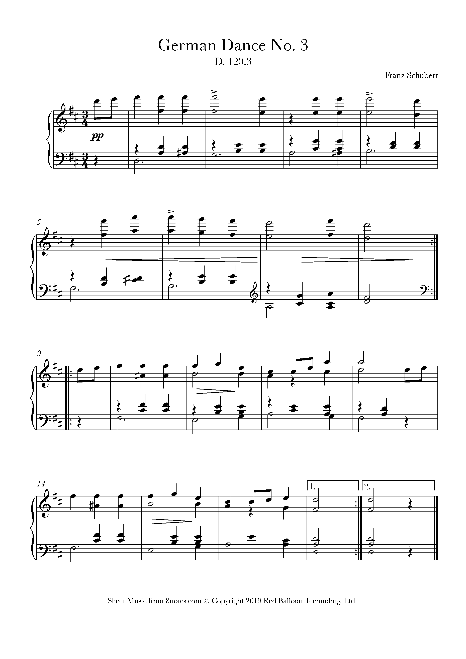 Schubert - German Dance, D.420, No. 3 Sheet music for Piano - 8notes.com