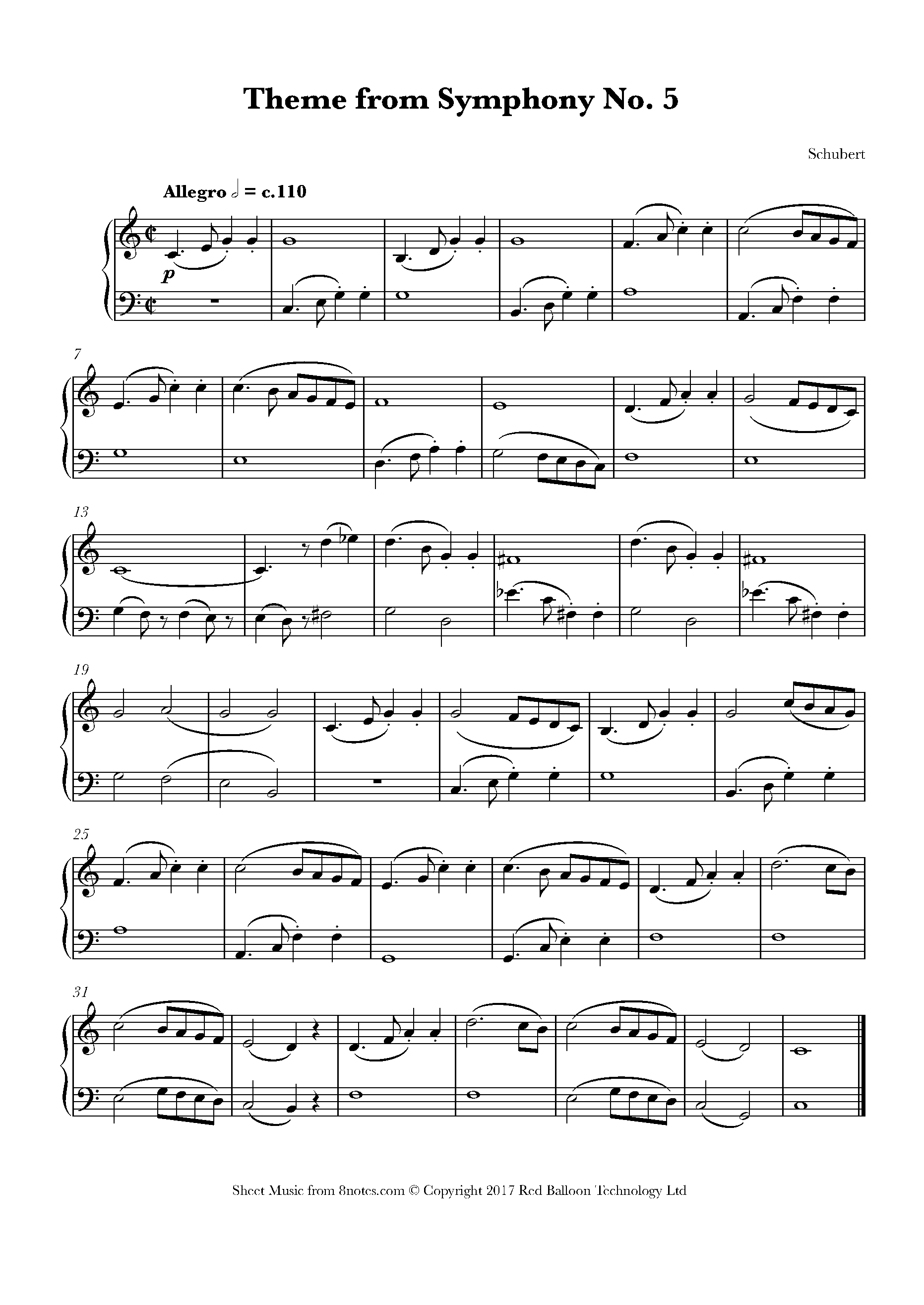 Schubert - Theme from Symphony No.5 Sheet music for Piano - 8notes.com