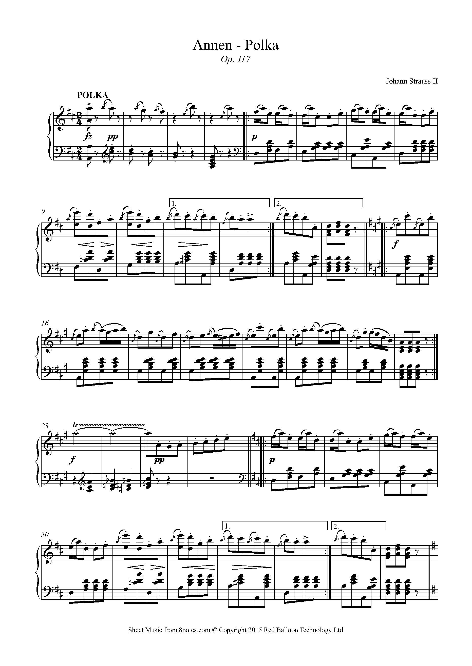 Strauss II - Annen - Polka Op. 117 Sheet music for Piano - 8notes.com