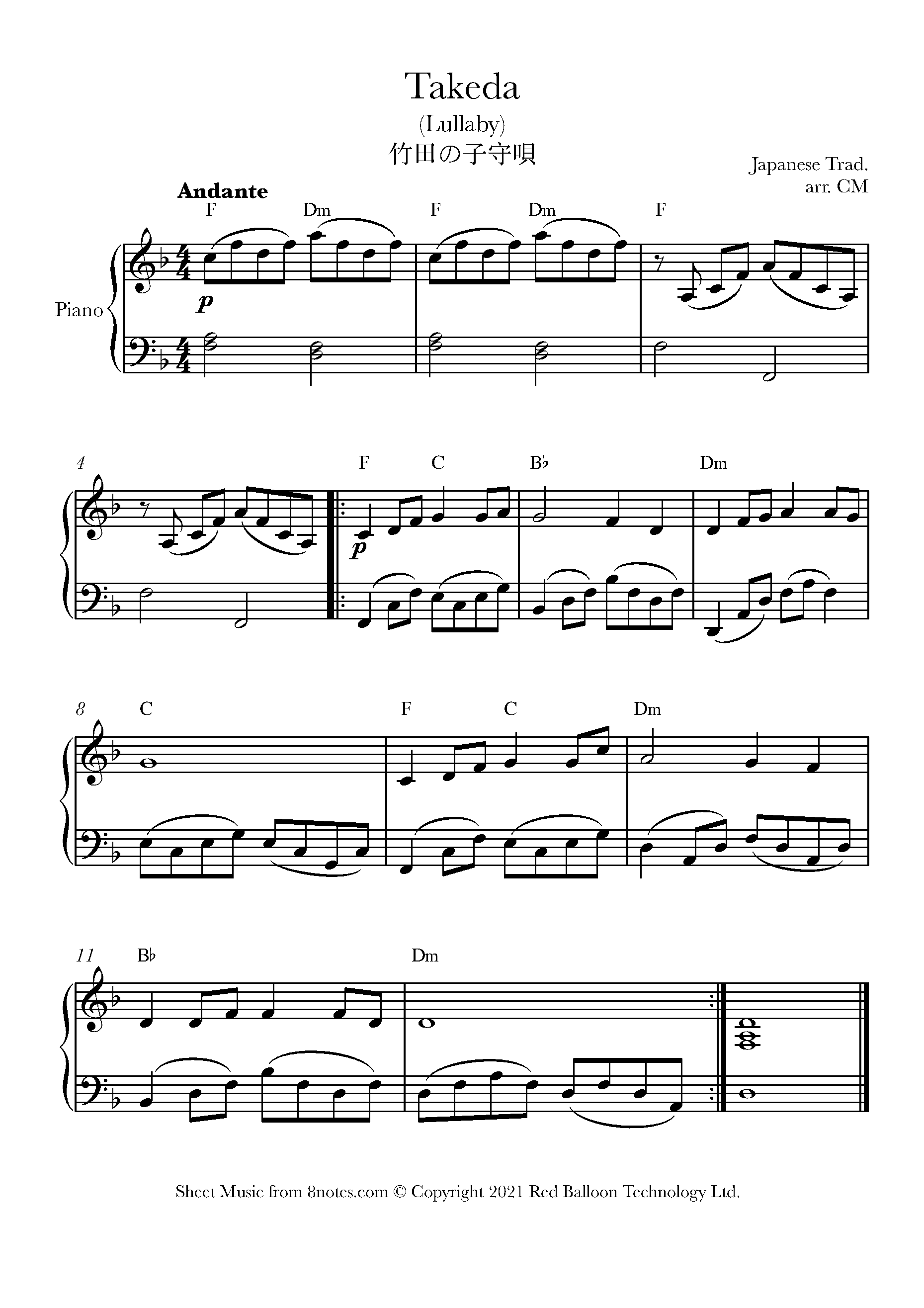 Takeda Lullaby (Japanese Trad.) Sheet music for Piano - 8notes.com