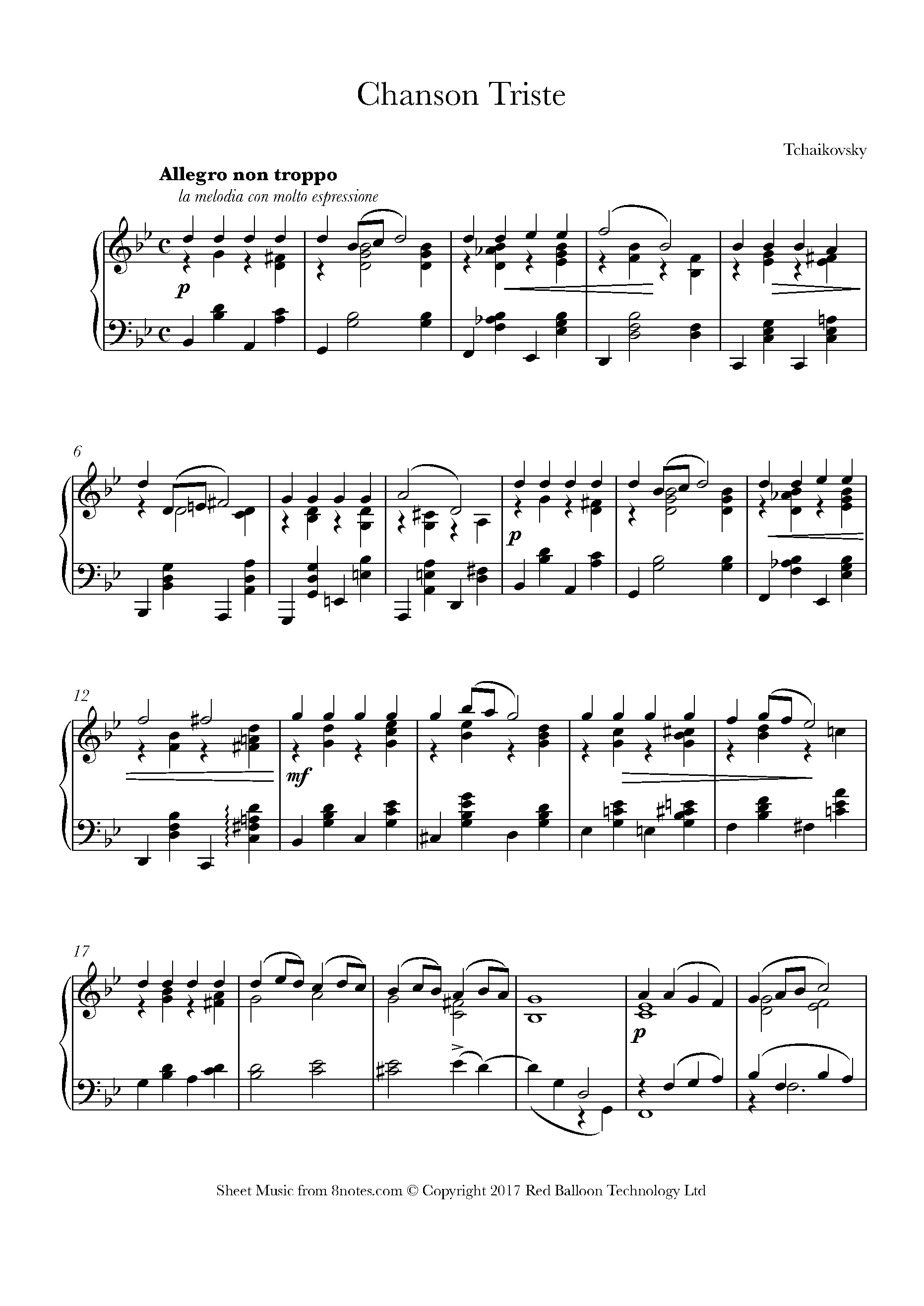 Tchaikovsky - Chanson Triste Sheet music for Piano - 8notes.com