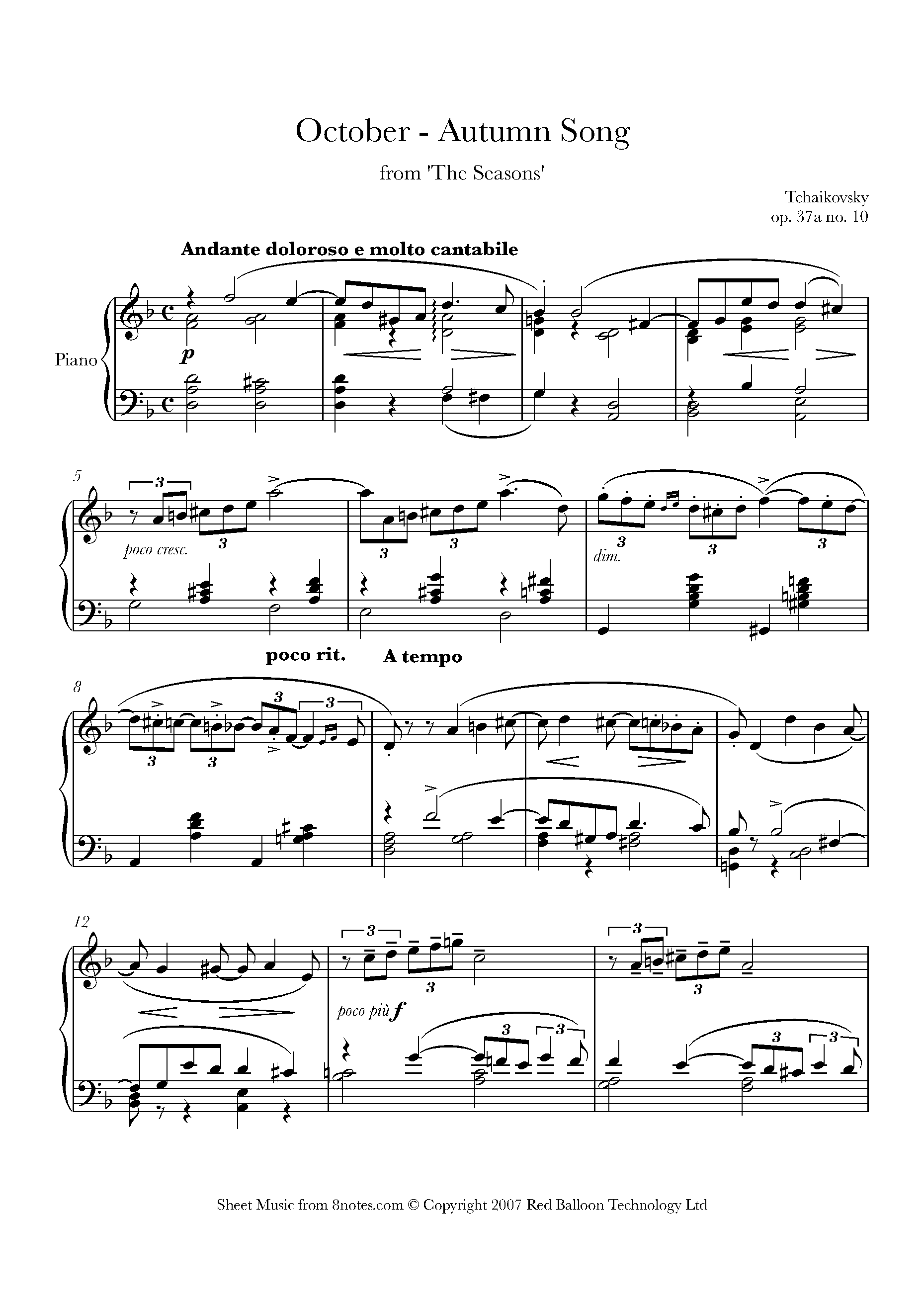 Tchaikovsky - October - Autumn Song from The Seasons Sheet music for ...