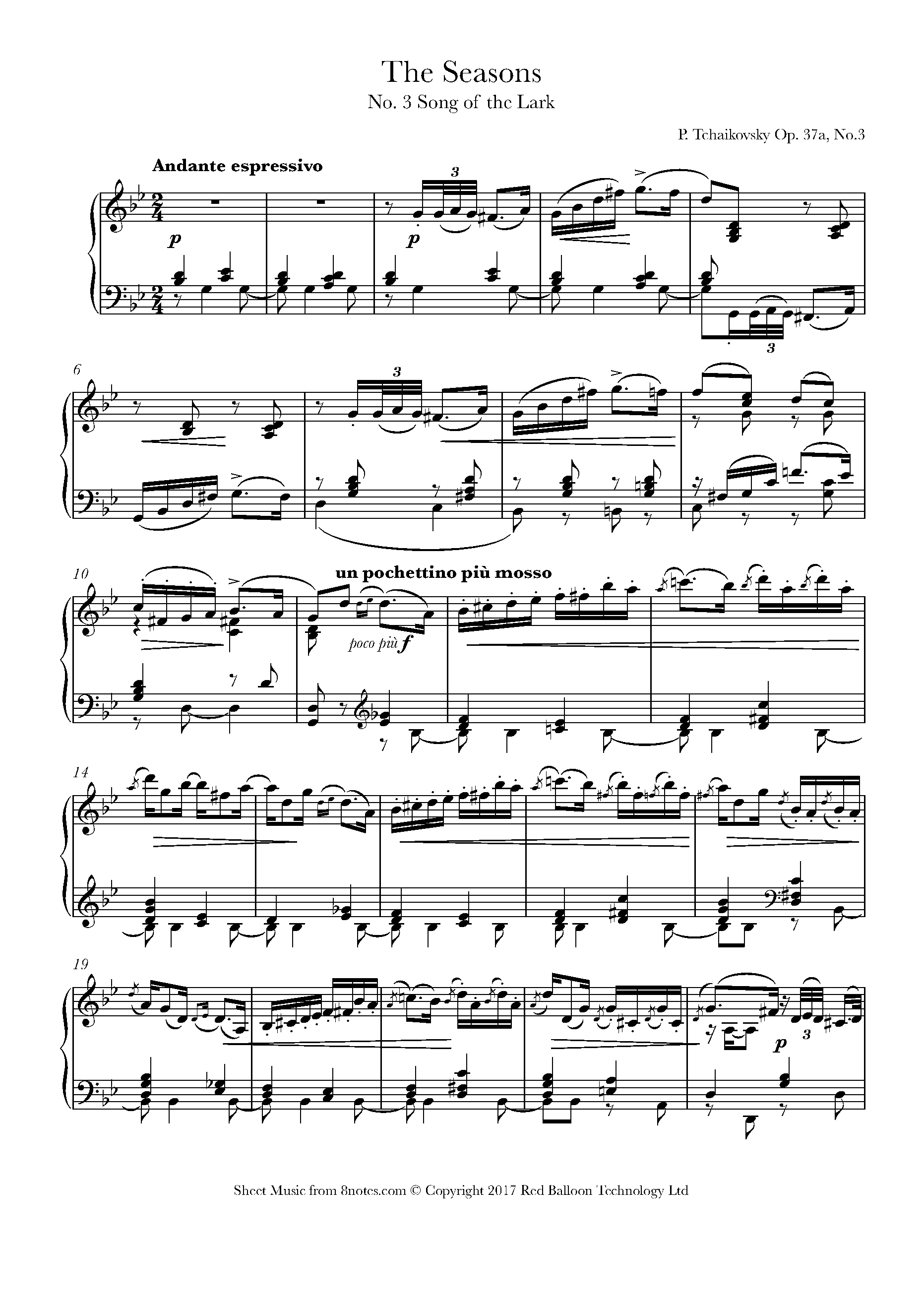 Tchaikovsky - The Seasons Op. 37a, No.3. March - Song of the Lark Sheet ...