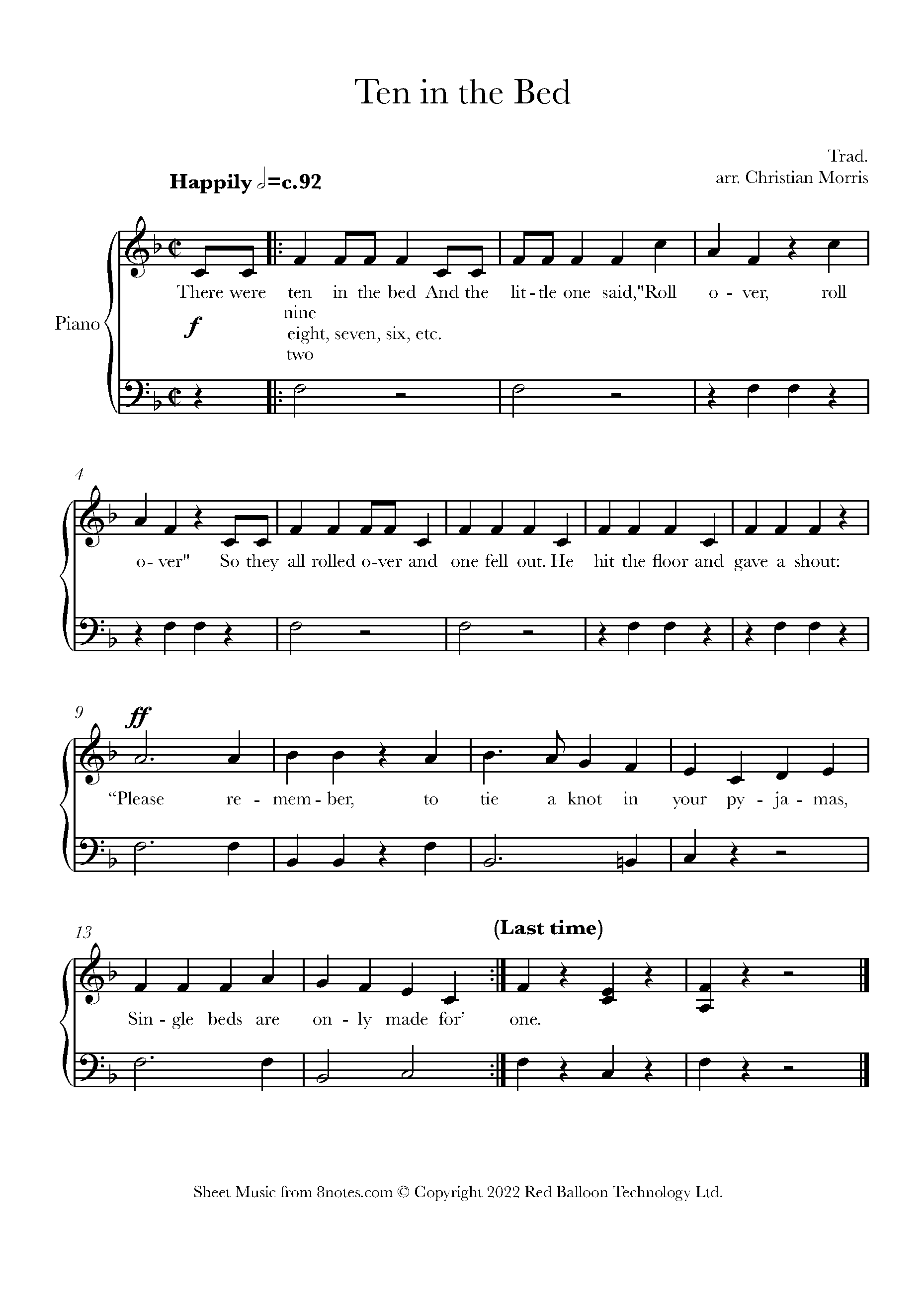 Ten in the Bed Sheet music for Piano - 8notes.com