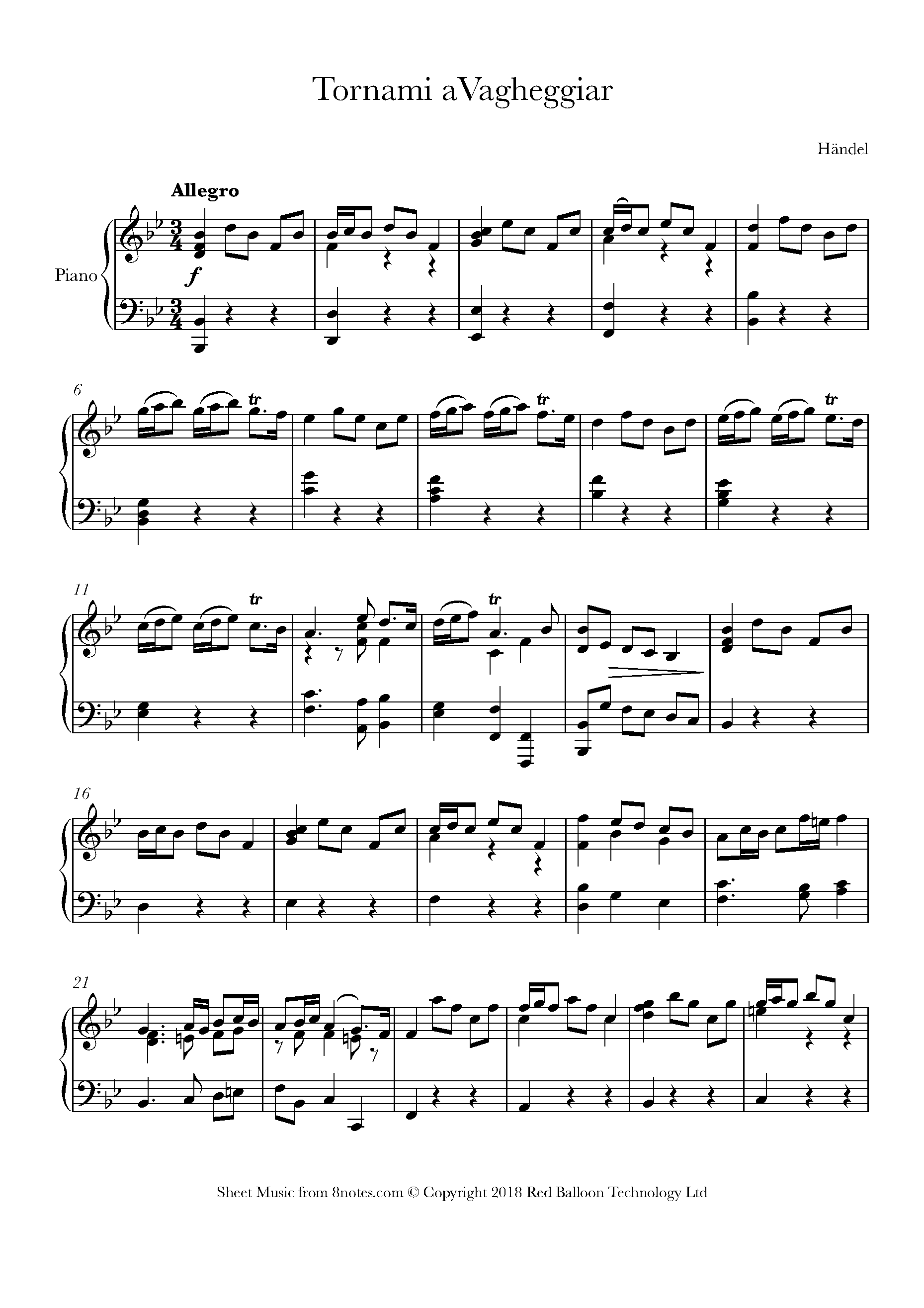 Handel - Tornami a Vagheggiar from Alcina Sheet music for Piano ...