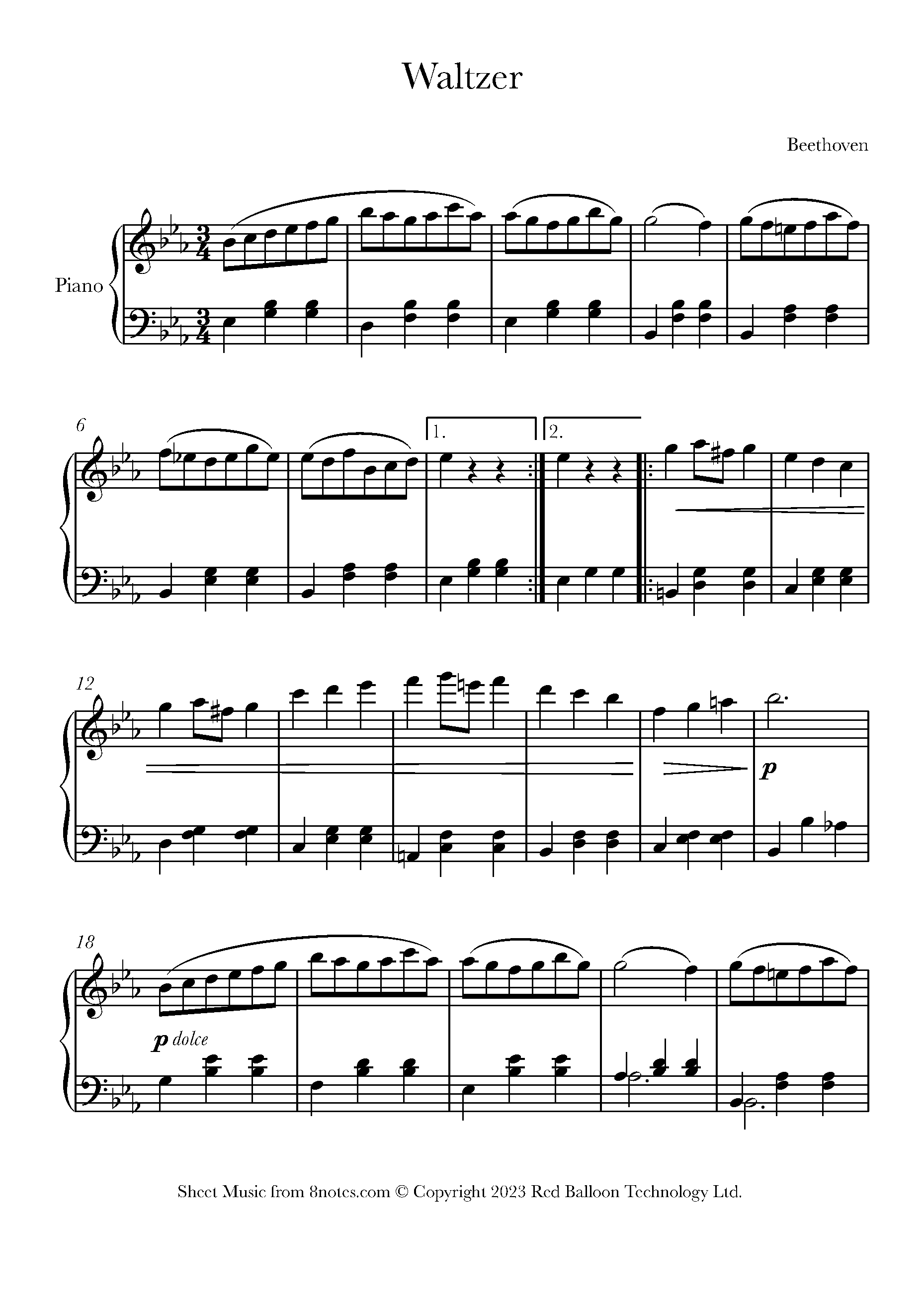 Beethoven, Ludwig van - Waltz, WoO 84 Sheet music for Piano - 8notes.com