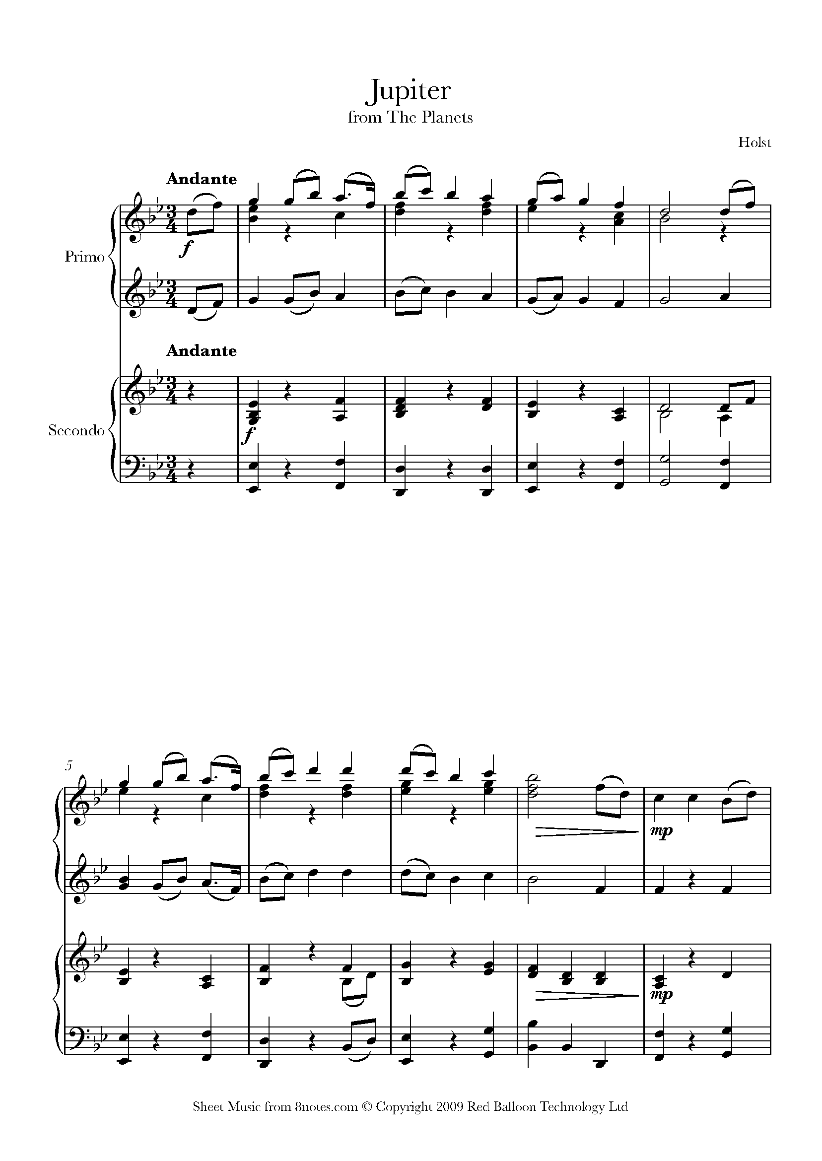 Holst - Jupiter from the Planets (theme) Sheet music for Piano Duet ...
