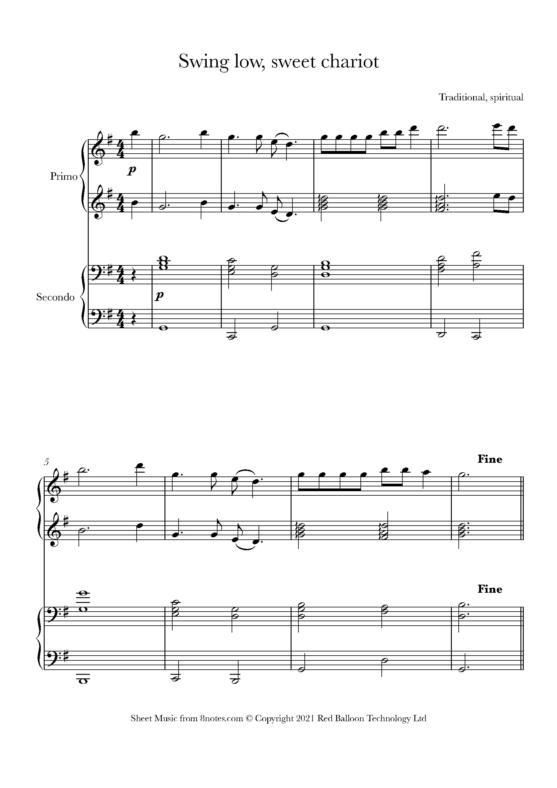 Swing Low, Sweet Chariot Sheet music for Piano Duet - 8notes.com
