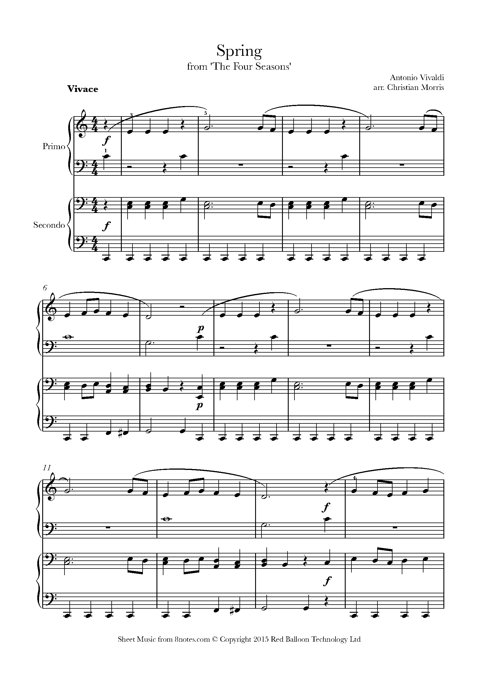 Vivaldi Spring From The Four Seasons Sheet Music For Piano Duet