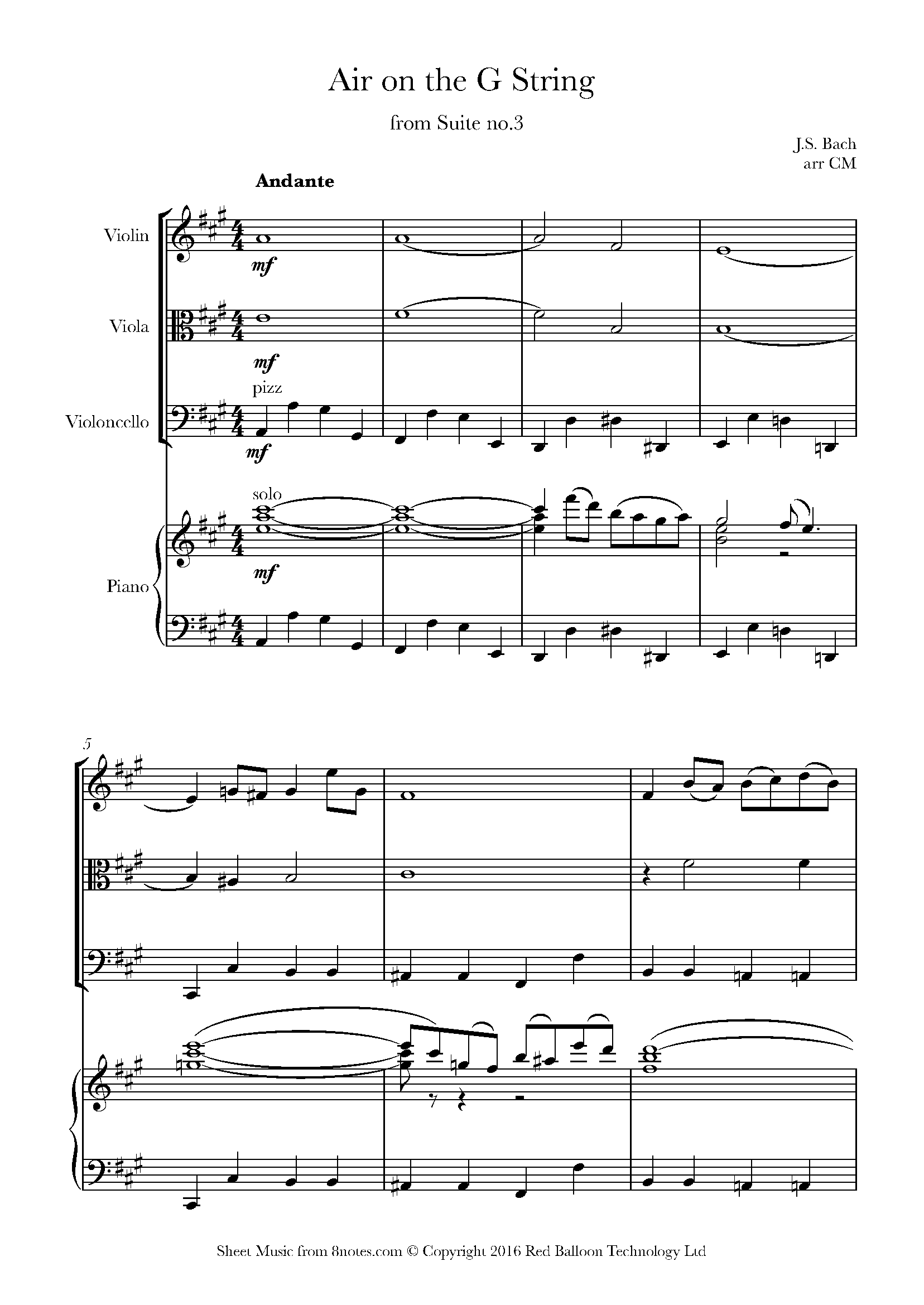Bach - Air on a G String Sheet music for Piano Quartet - 8notes.com