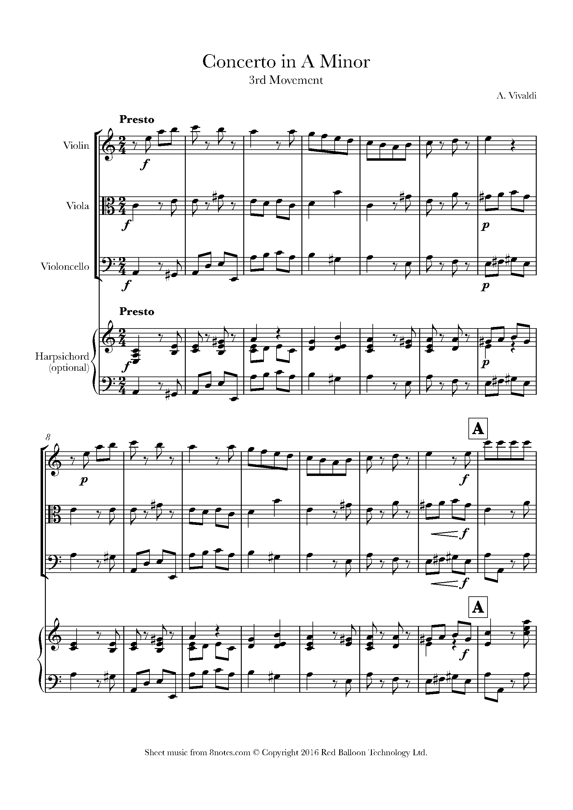 Vivaldi - Concerto in A Minor 3rd mvt Sheet music for Piano Quartet ...