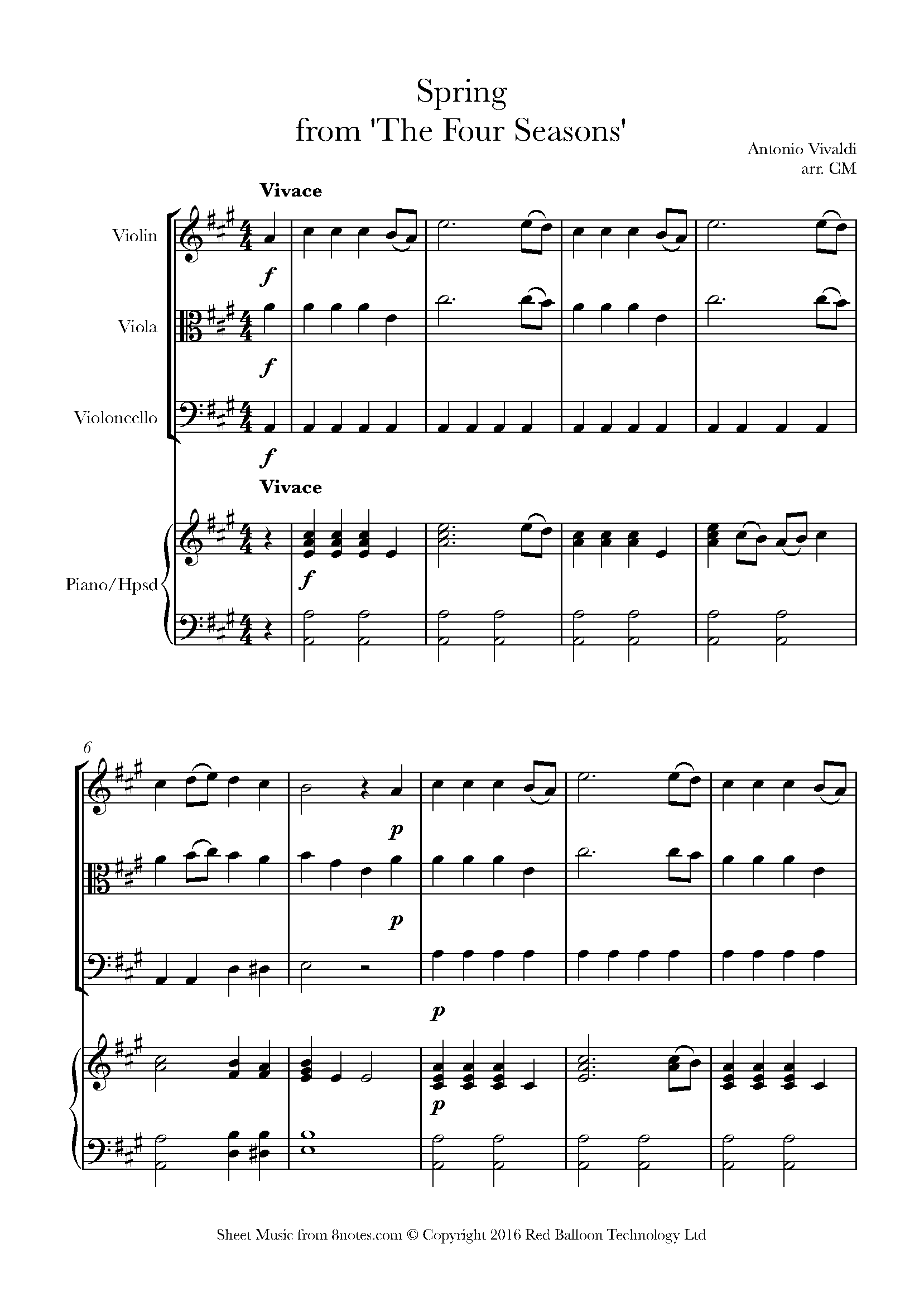 Vivaldi - Spring from 'The Four Seasons' Sheet music for Piano Quartet ...