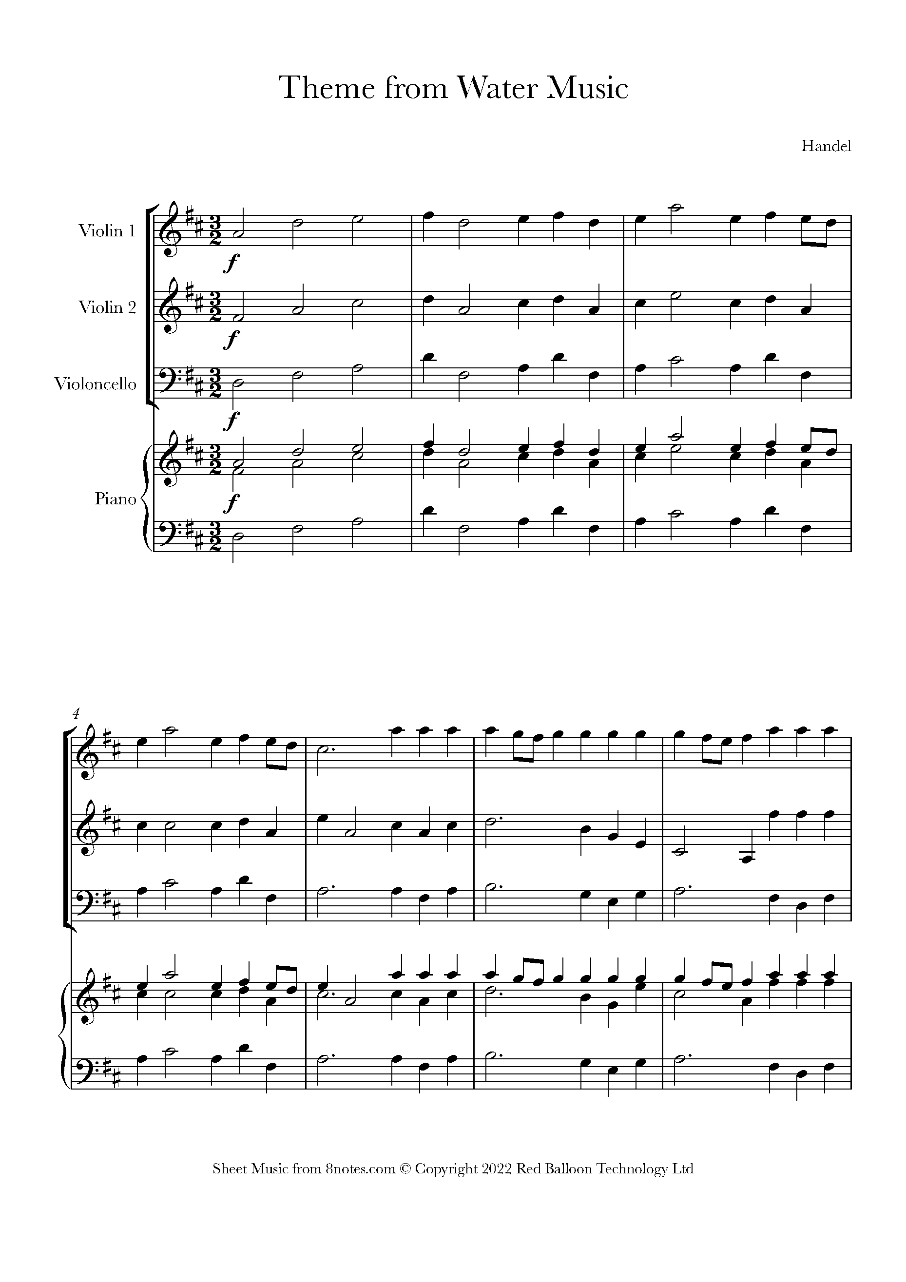Handel - Theme from Water Music Sheet music for Piano Quartet - 8notes.com