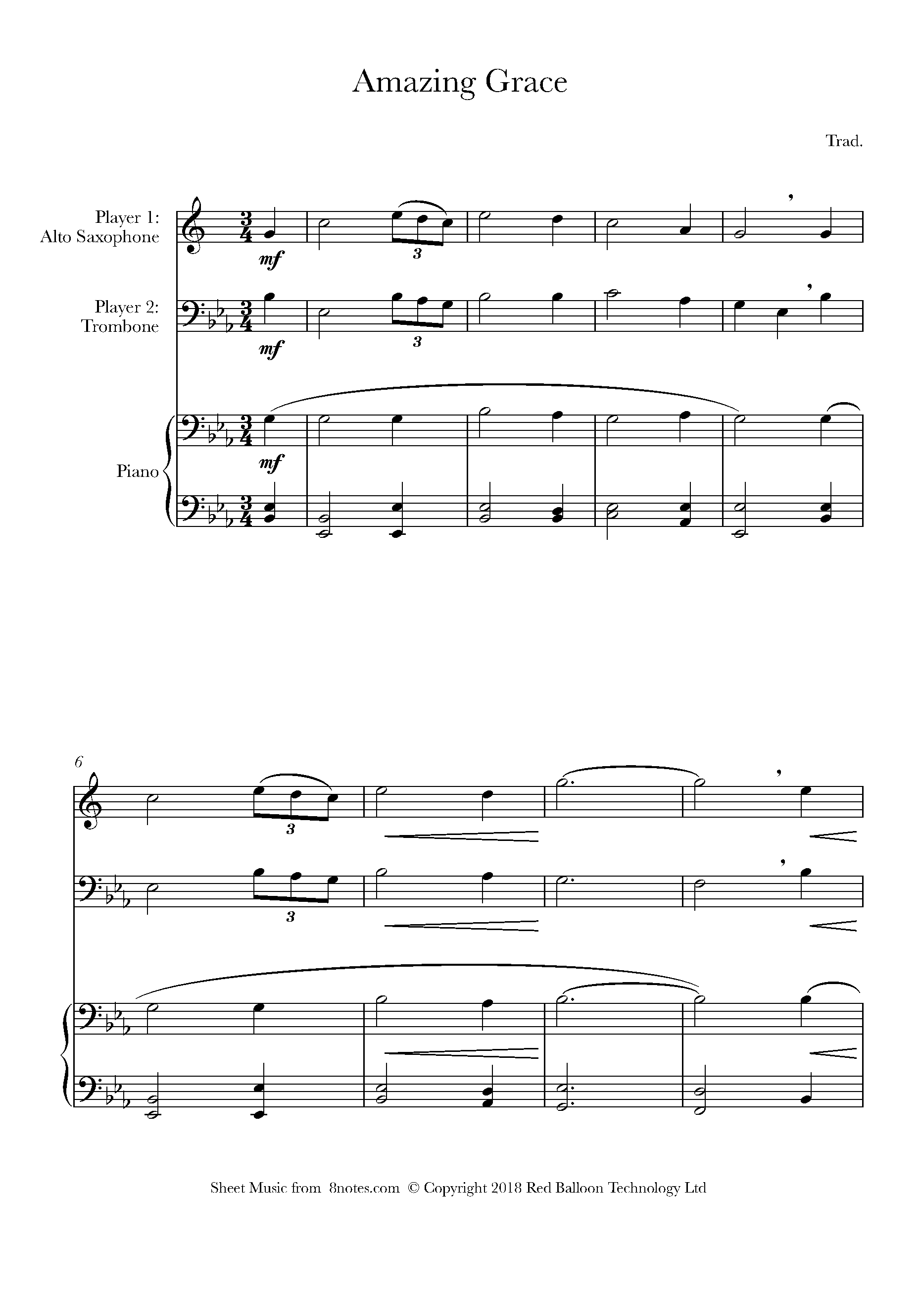 Amazing Grace Sheet music for Piano Trio - 8notes.com