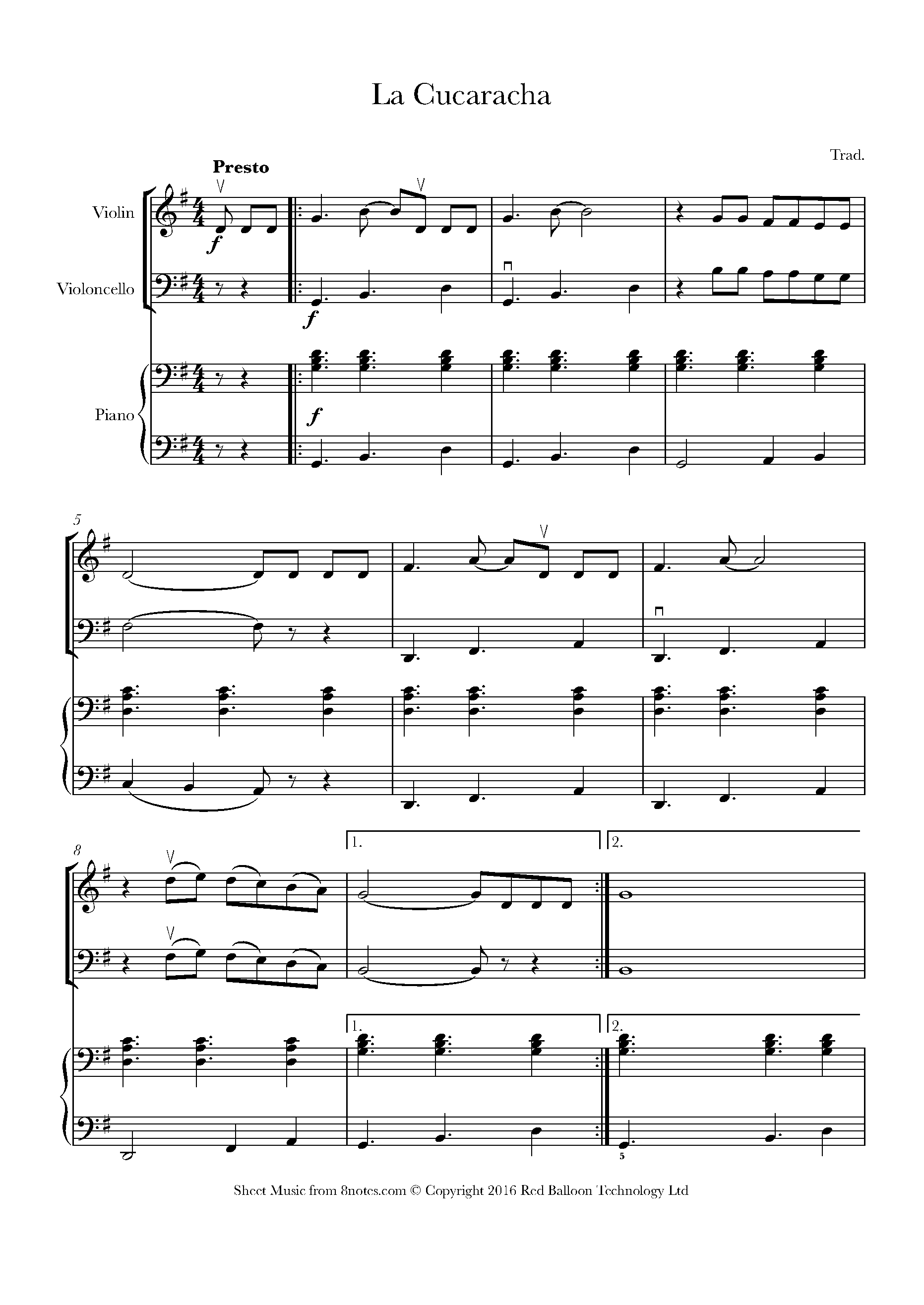 La Cucaracha (Mexico) Sheet music for Piano Trio - 8notes.com